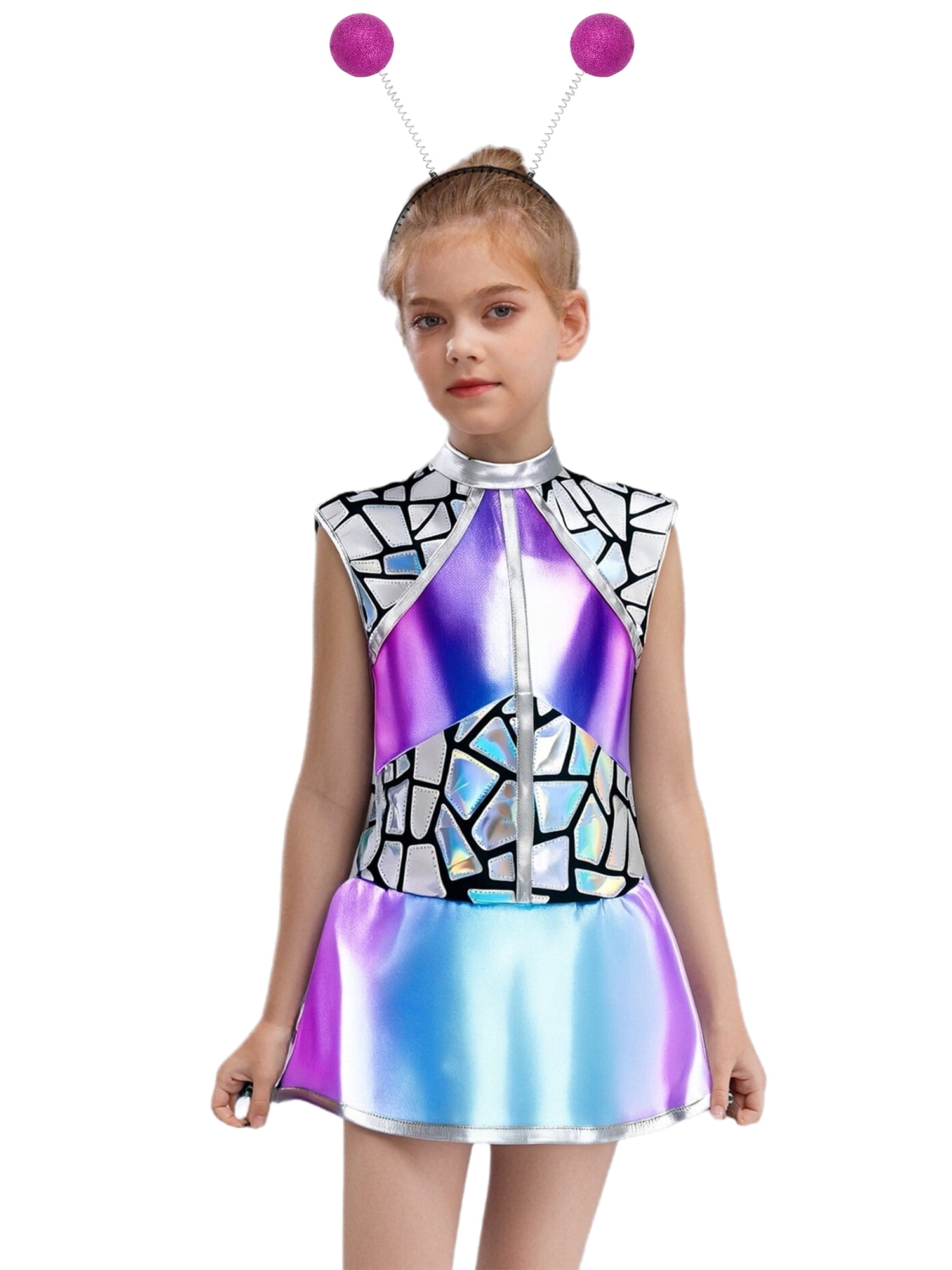 Ocealan 2Pcs Girls Alien Outfits Metallic Mock Zip Front Tutu Dress ...