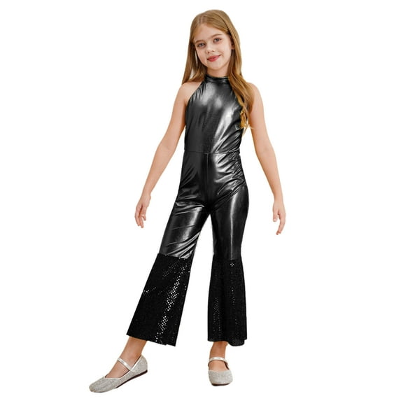 Ocealan Girls 70s Flapper Disco Dance Jumpsuits Shiny Halter Backless ...