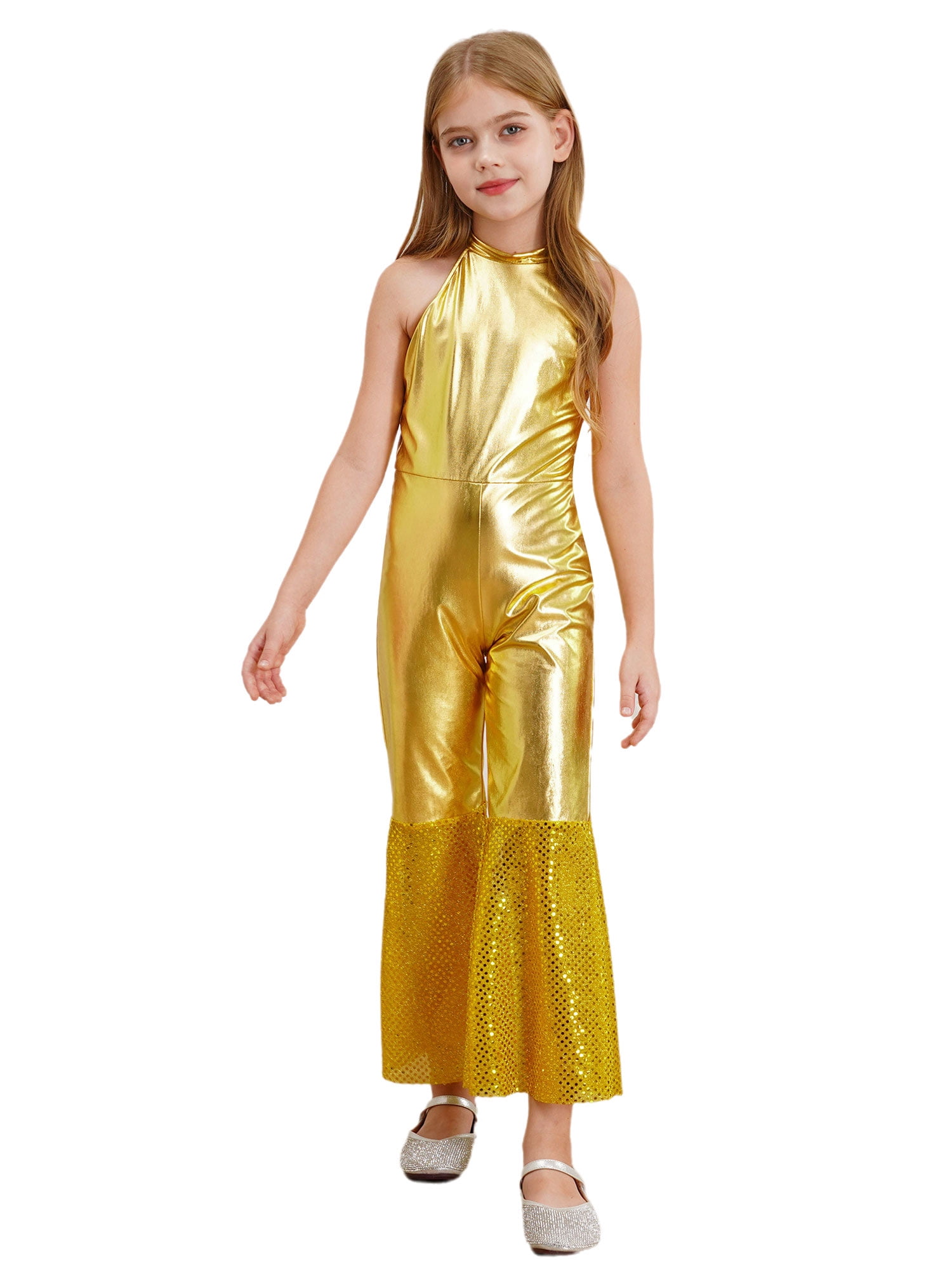 Ocealan Girls 70s Flapper Disco Dance Jumpsuits Shiny Halter Backless ...