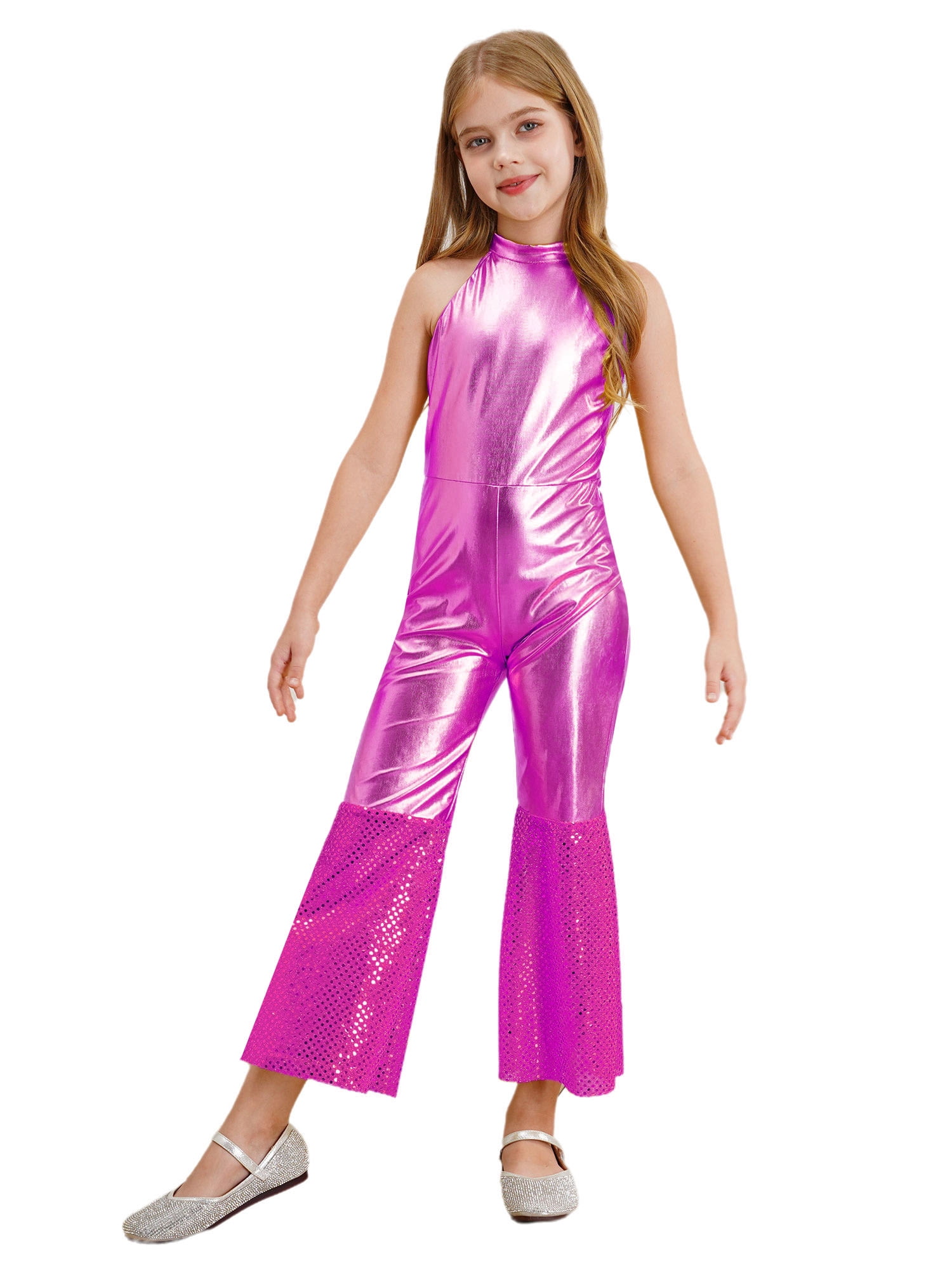 Ocealan Girls 70s Flapper Disco Dance Jumpsuits Shiny Halter Backless ...
