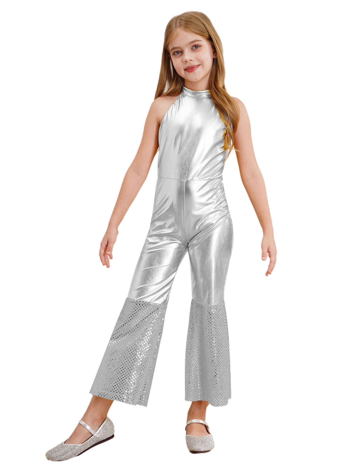 Ocealan Girls 70s Flapper Disco Dance Jumpsuits Shiny Halter Backless ...