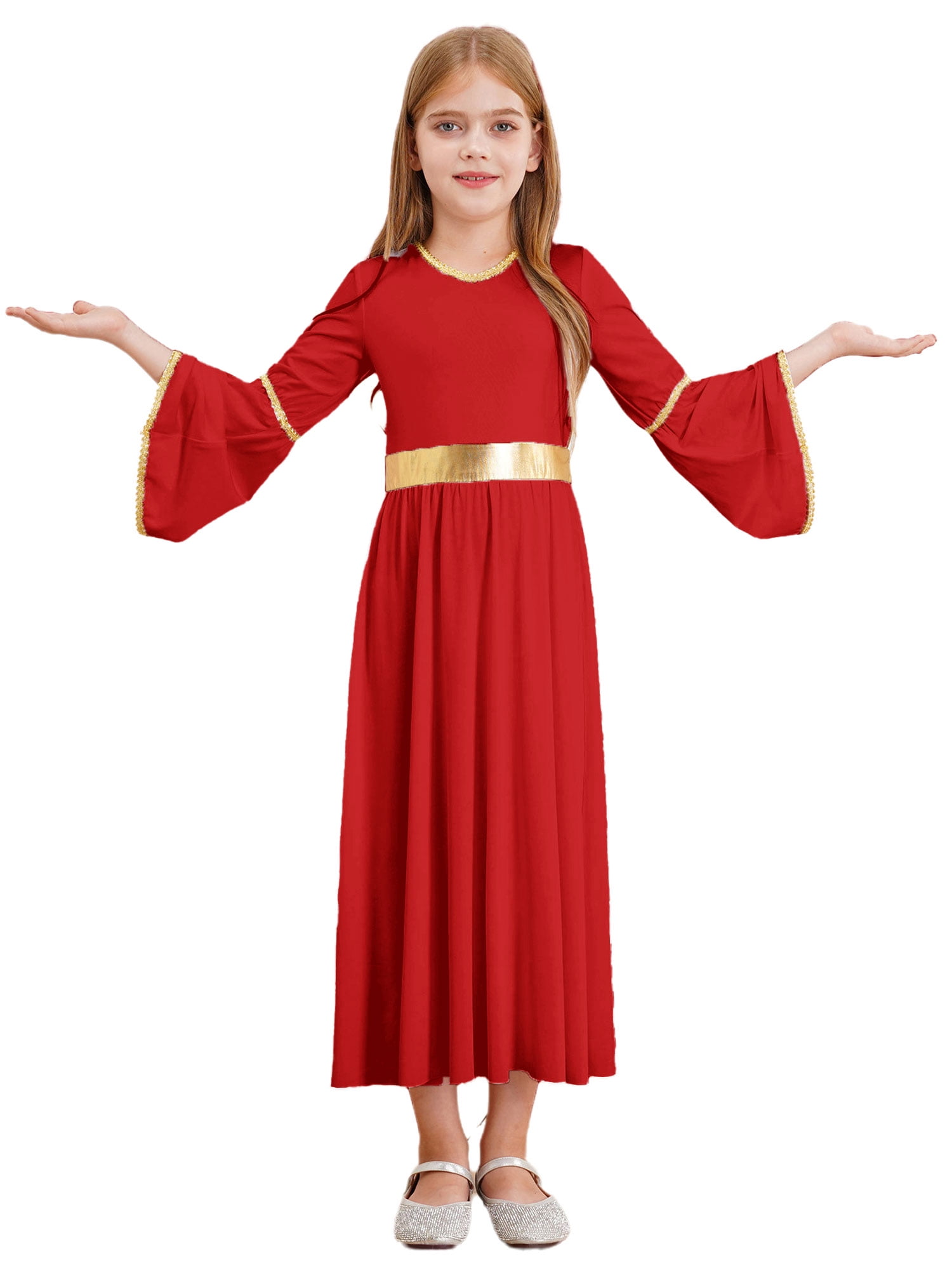 Ocealan Girls Guardian Angel Dress Bell Long Sleeve Gold Trim Maxi Gown ...