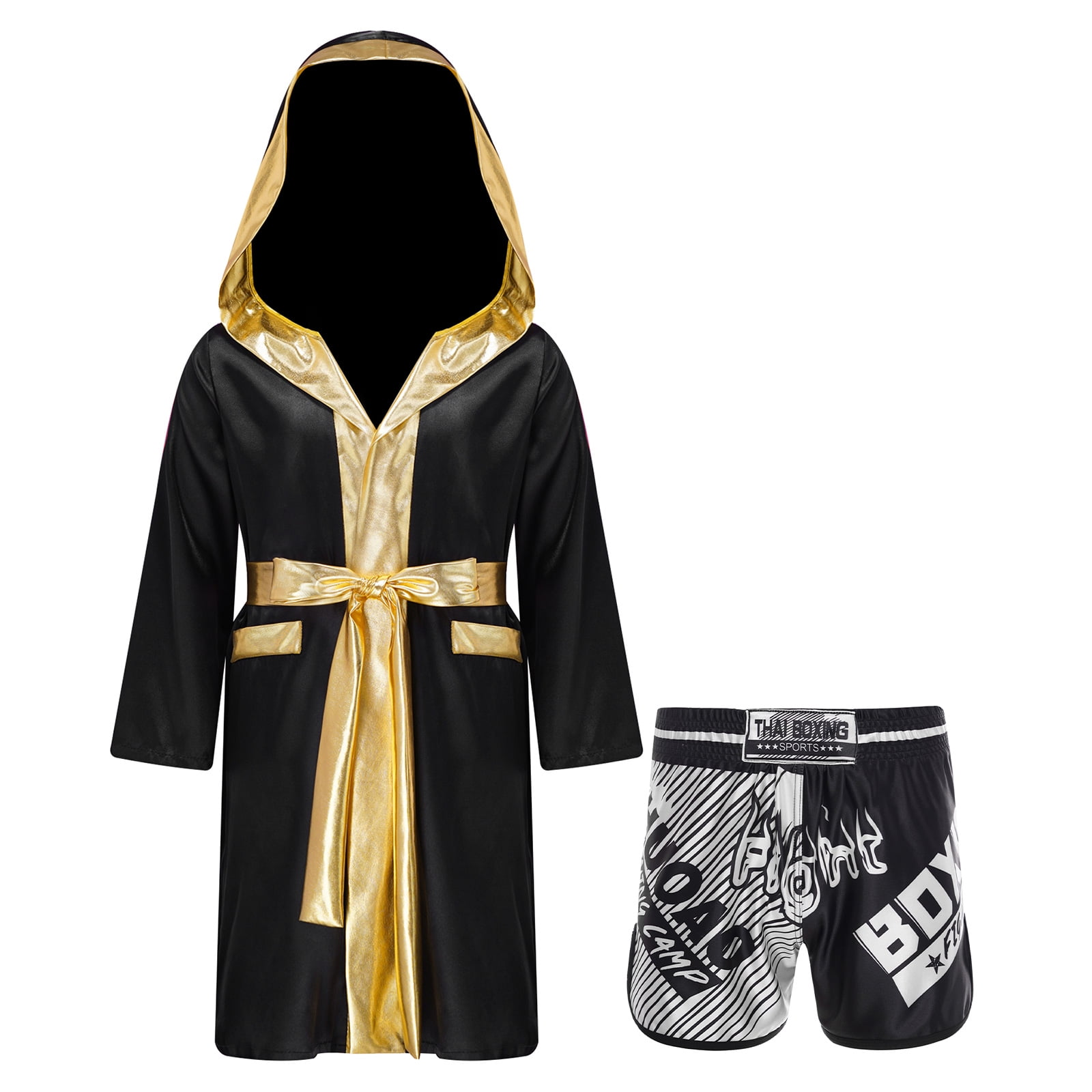 Ocealan Kids Boys Boxing Outfits Metallic Satin Hooded Boxer Robe Cloak ...