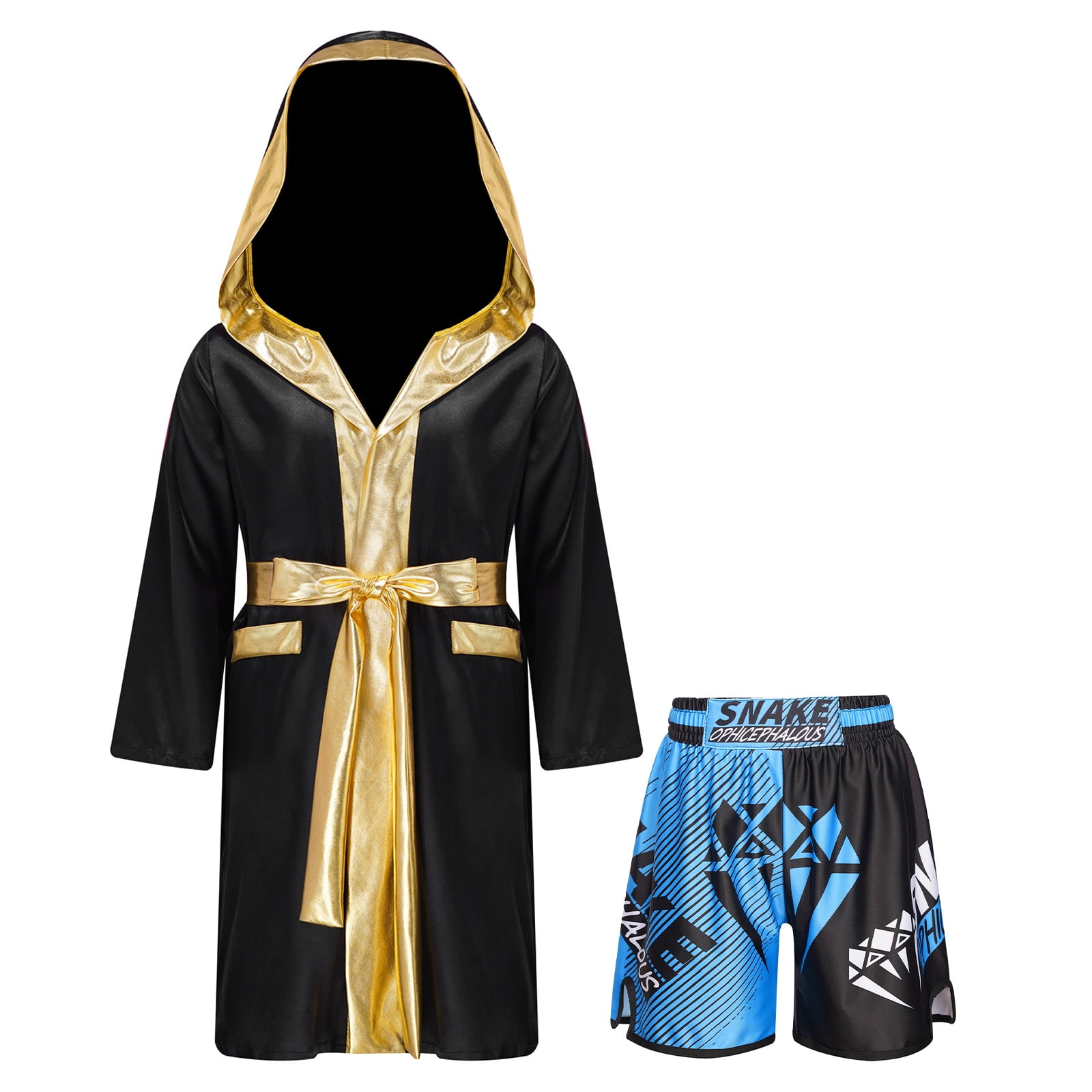 Ocealan Kids Boys Boxing Outfits Metallic Satin Hooded Boxer Robe Cloak ...