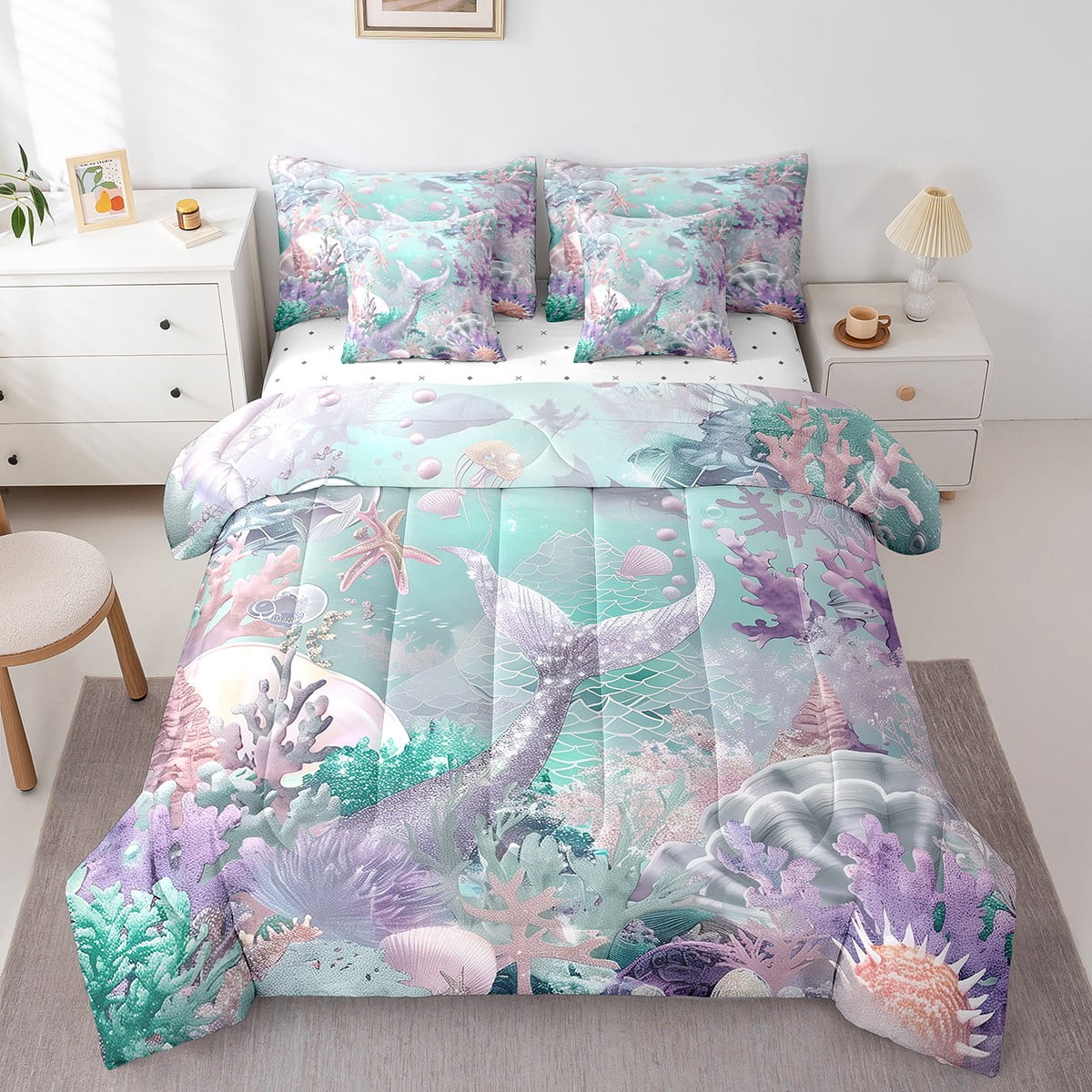Ocean 7 Piece Comforter Set Full Bed in a Bag,Sliver Purple Mermaid ...