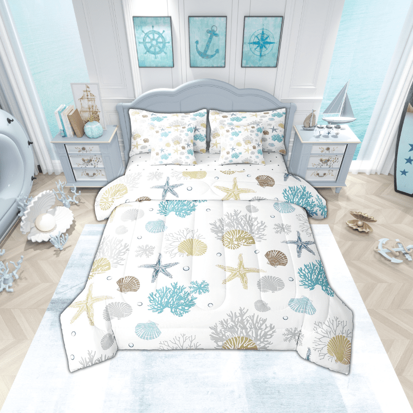 Ocean 7 Piece Comforter Set Full Bed in a Bag,Starfish Coral Nautical ...
