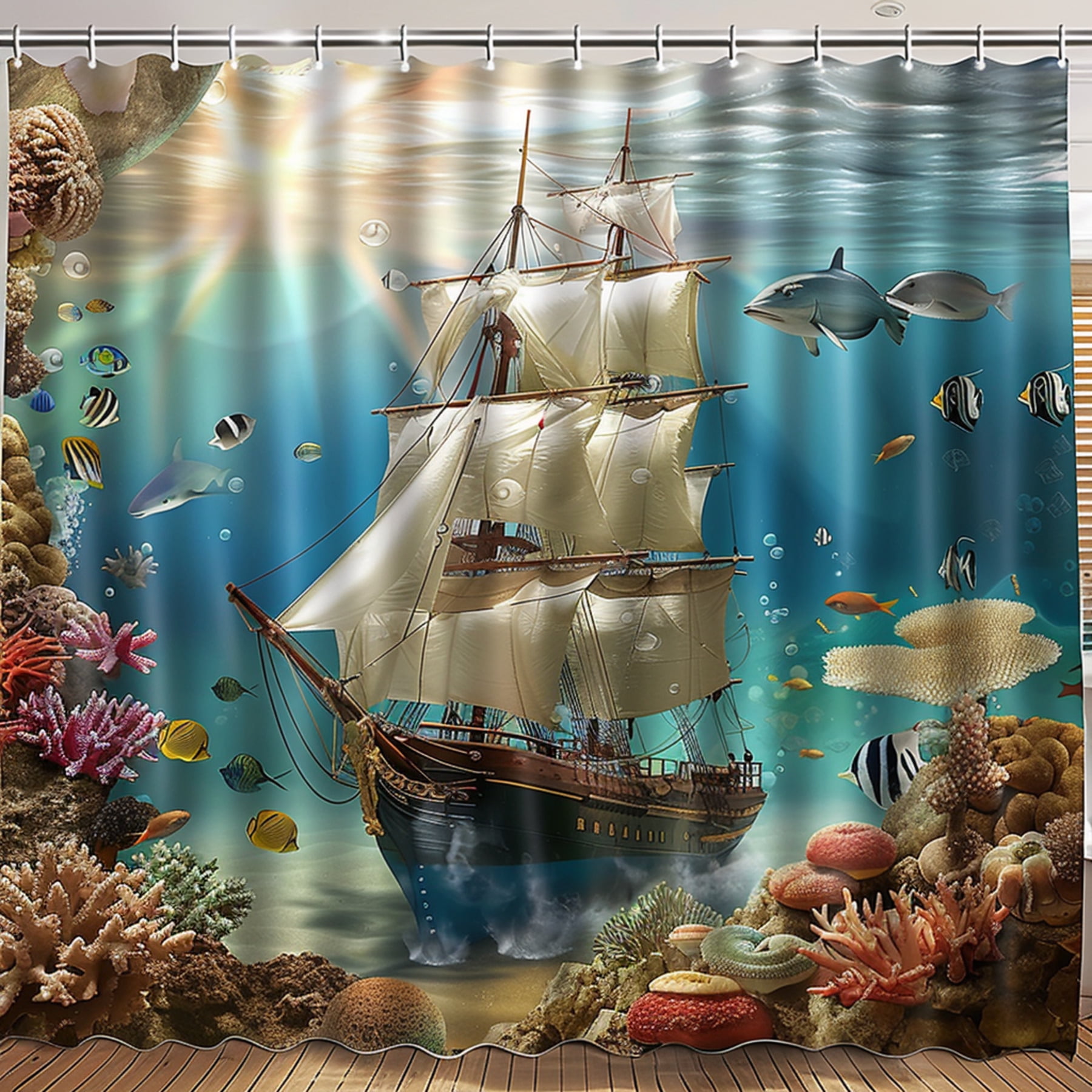 Ocean Adventure Hyperrealistic Sailing Ship Shower Curtain With Corals