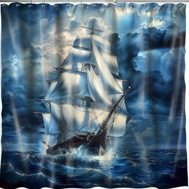 Ocean Adventure Shower Curtain Sailing Ship In Storm Design Oil
