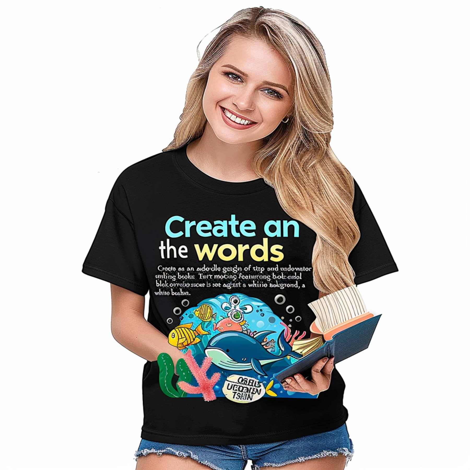 Ocean Adventure Women's Black Tee Fun Sea Creatures Design Casual ...