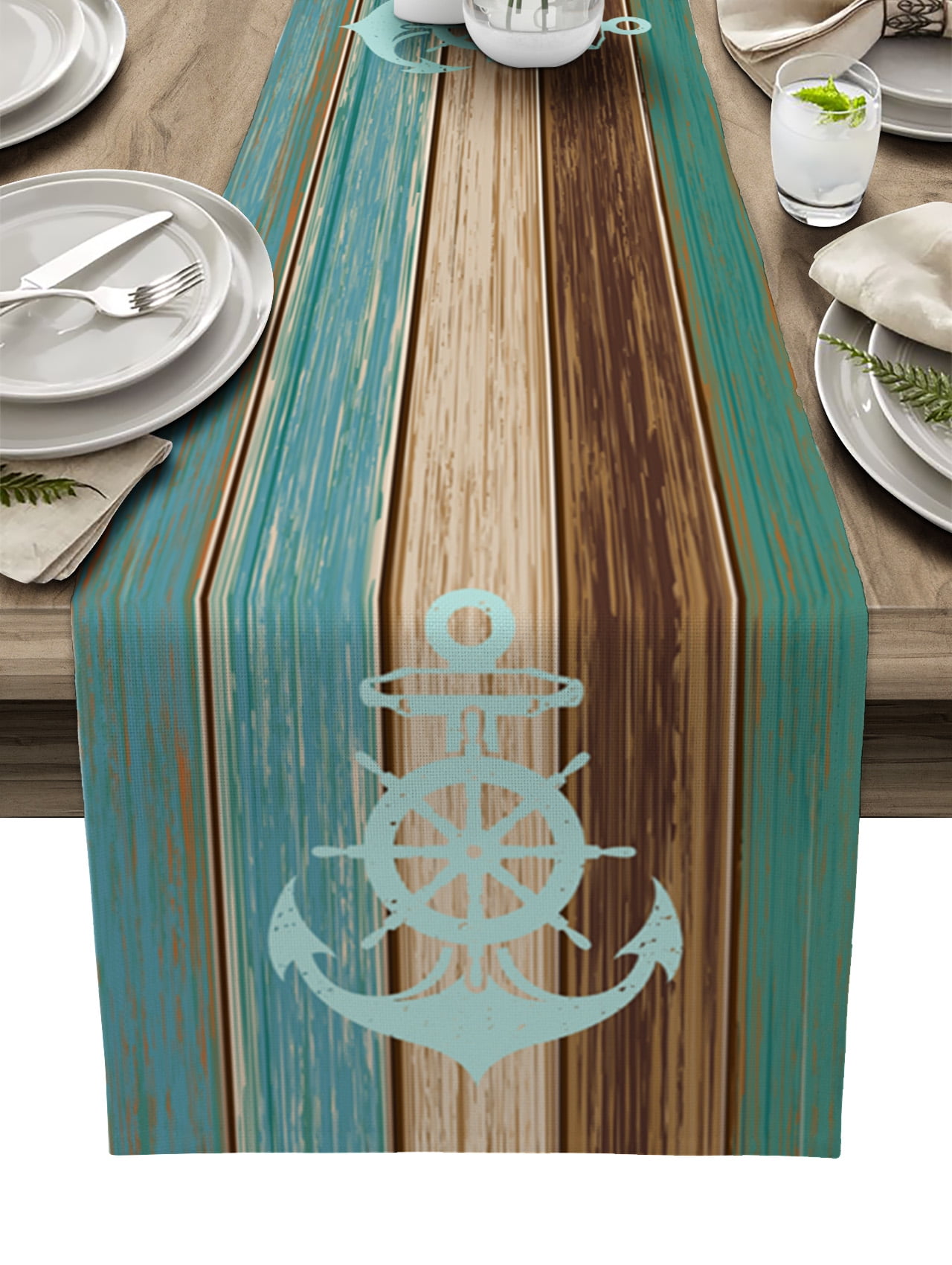 Ocean Anchor Planks Blue Turquoise Retro Table Runner Decoration Home ...