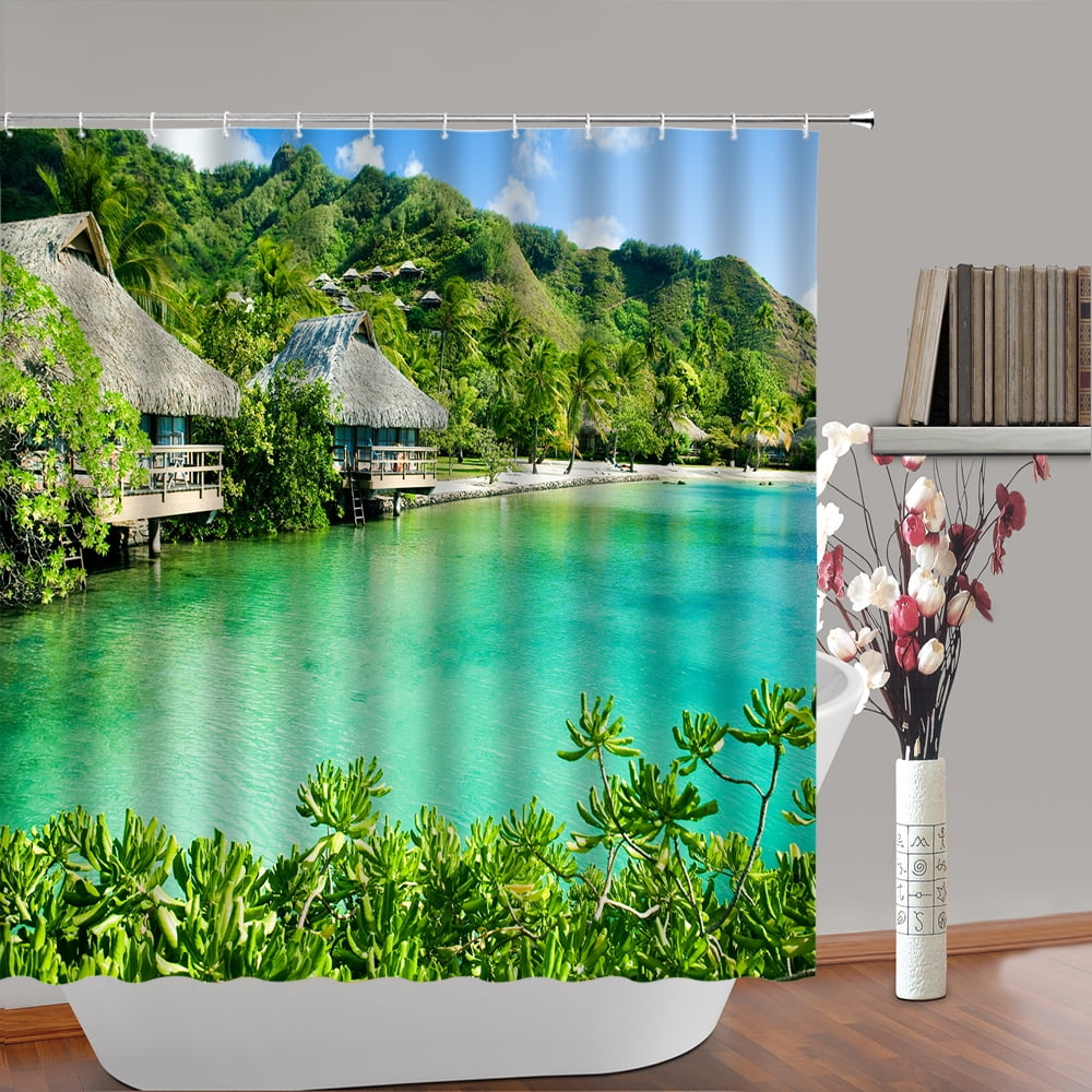 Ocean Animal Beach Seagull Dolphin Palm Tree Scenery Shower Curtain Bath Screen Fabric Sta ...