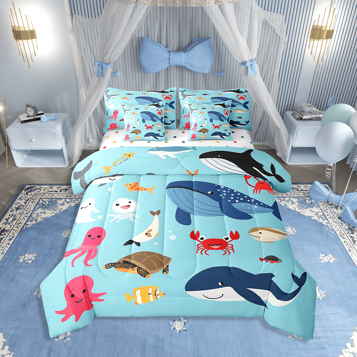 Ocean Animal Full Comforter Set With Sheets 7 Piece Cute Octopus Whale ...