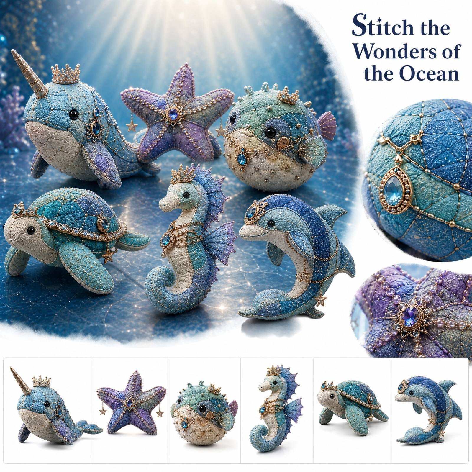 Ocean Animal Patchwork Kit for Beginners, Mythical Sea Life Fabric ...
