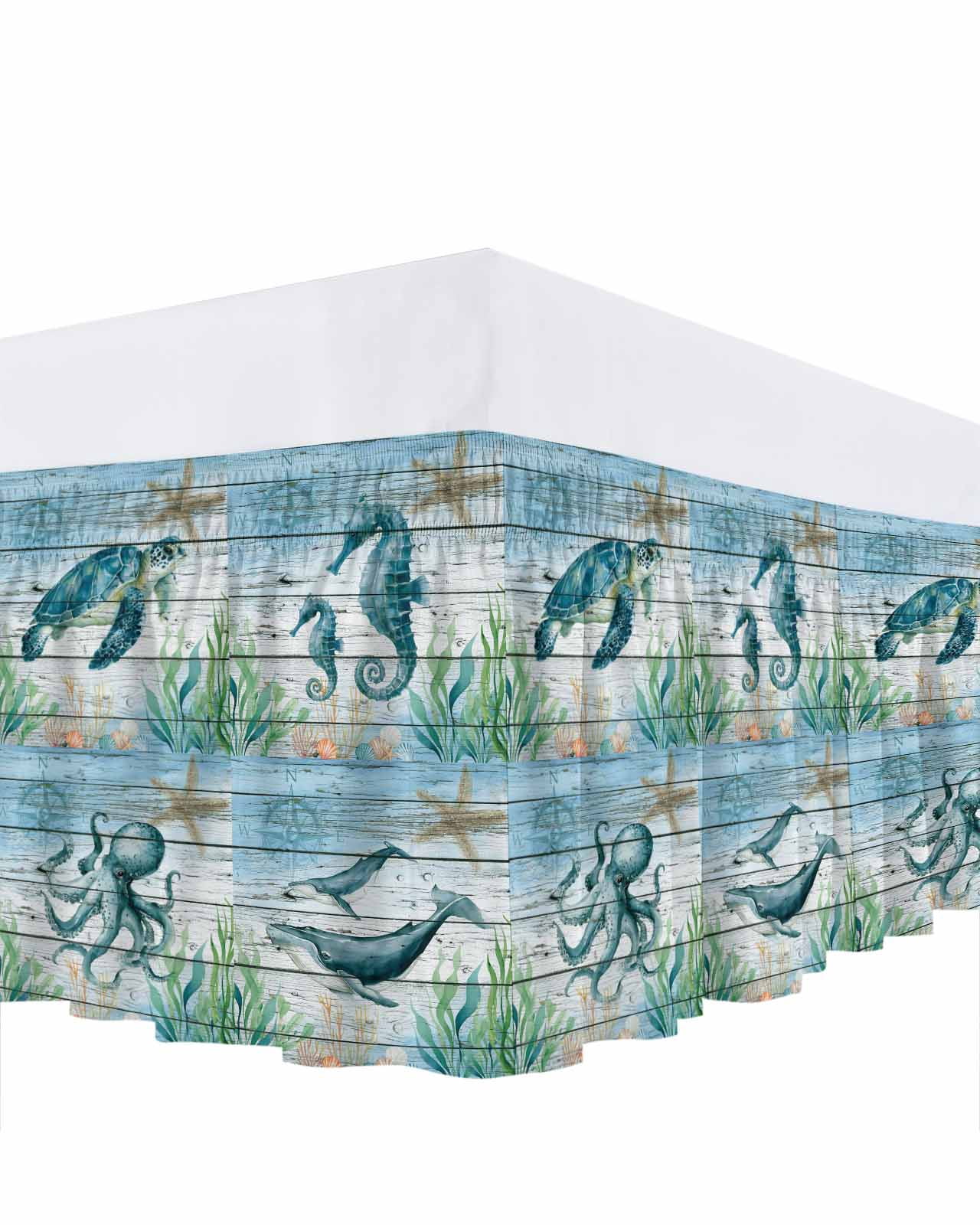 Ocean Animal Ruffle Bed Skirt Queen Size Turtle Seahorse Octopus Whale ...