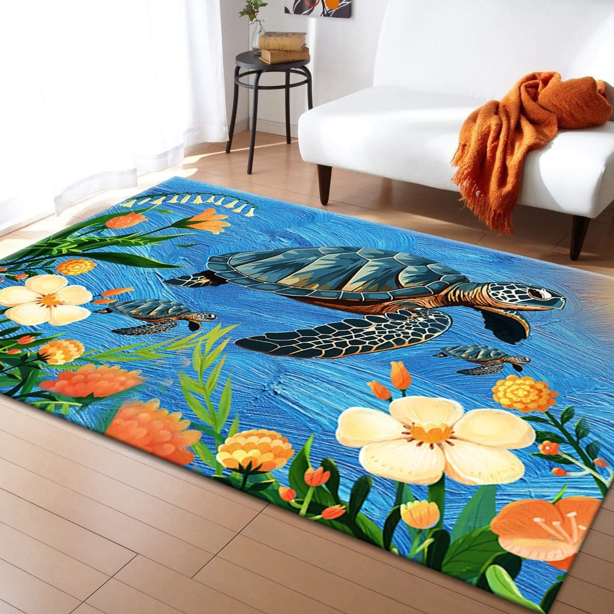 Ocean Animal Theme Area Rug, Blue Turtle Flowers Painted Rug ...