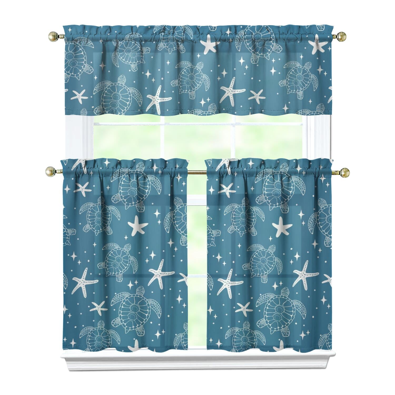 Ocean Animal Tier Curtains Set - 3 PC Hawaiian Sea Turtle & Sun/Moon Print, Farmhouse Caf ...