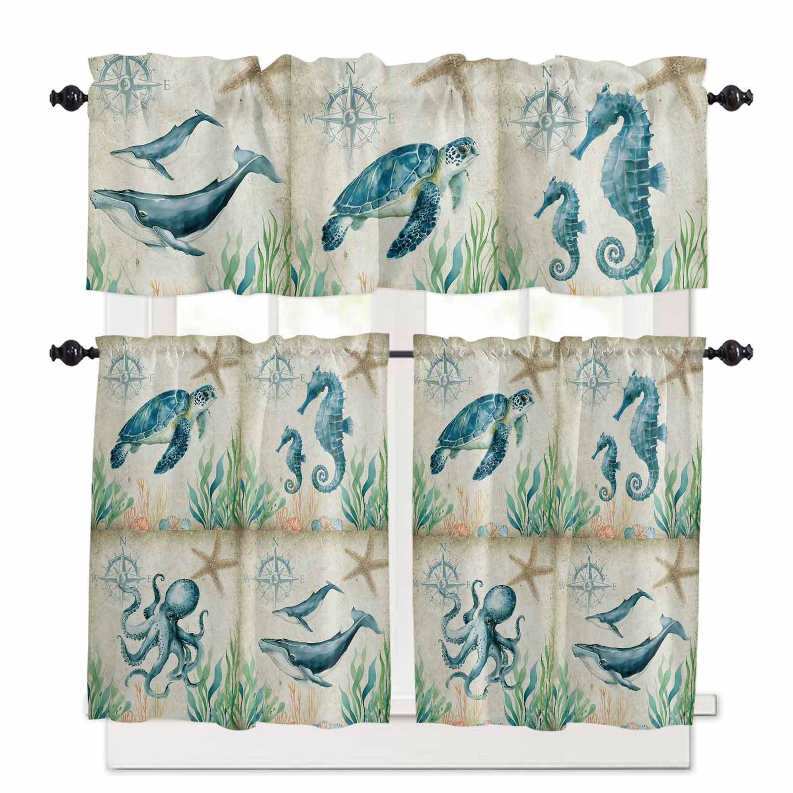 Ocean Animal Window Curtains Valance Set of 3 Turtle Seahorse Octopus ...