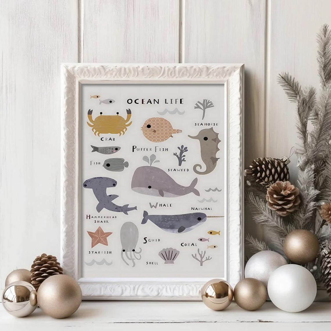 Ocean Animals Poster Educational Sea Life, Nursery Wall Art UNFRAMED ...