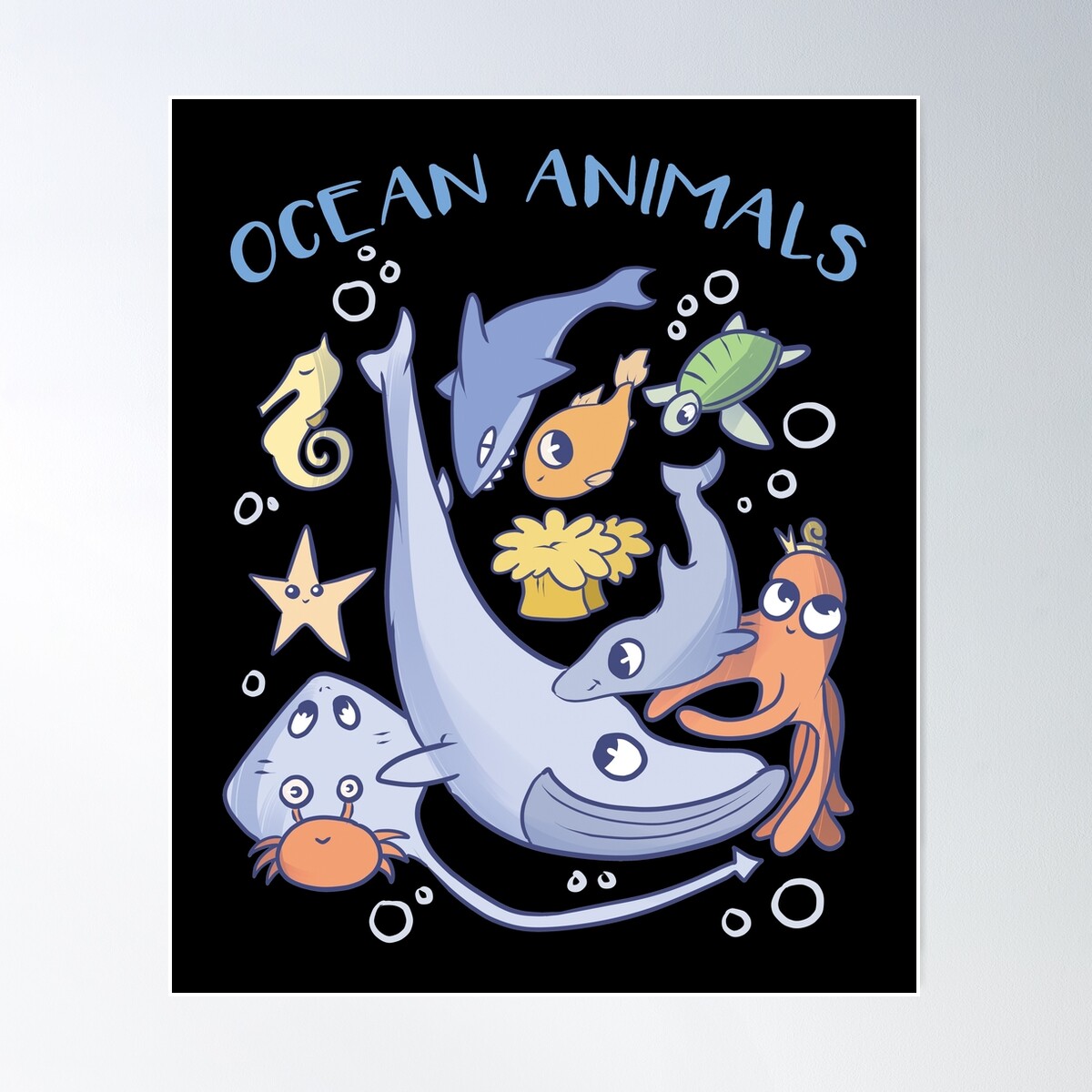 Ocean Animals T-Shirt, Sharks, Octopus, Seahorse, Starfish, Crab, Whale ...
