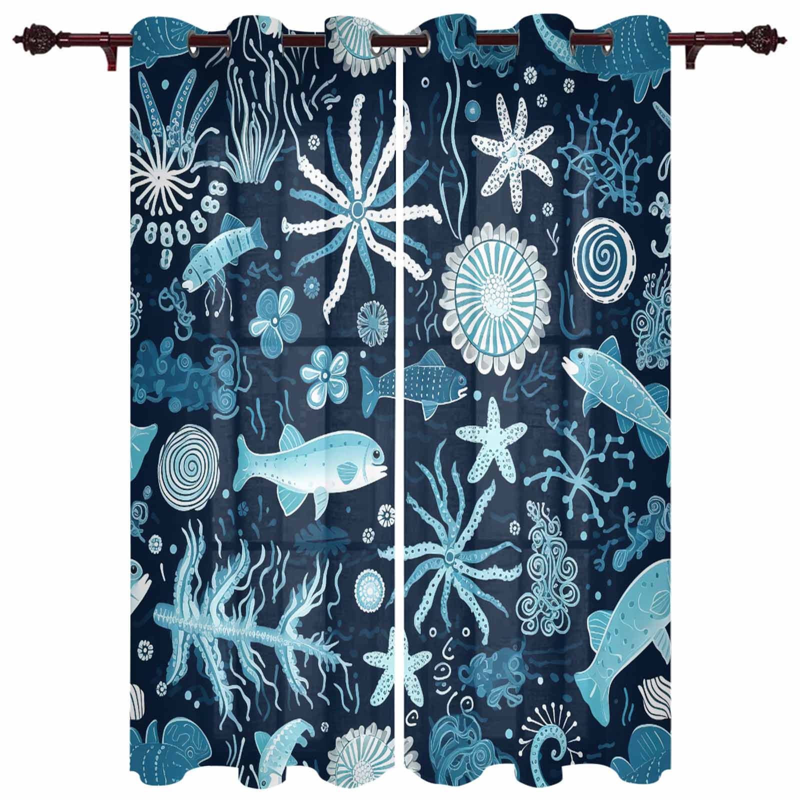 Ocean Aquatic Plants Abstract Fish Modern Window Curtains for Living ...