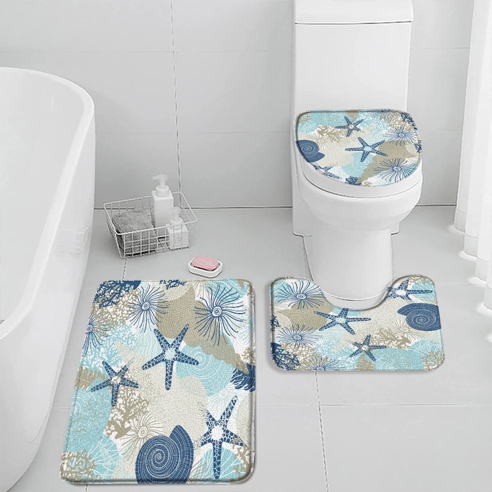 Ocean Bath Mat Set Marine Life Tropical Fish Seashell Starfish Coral ...