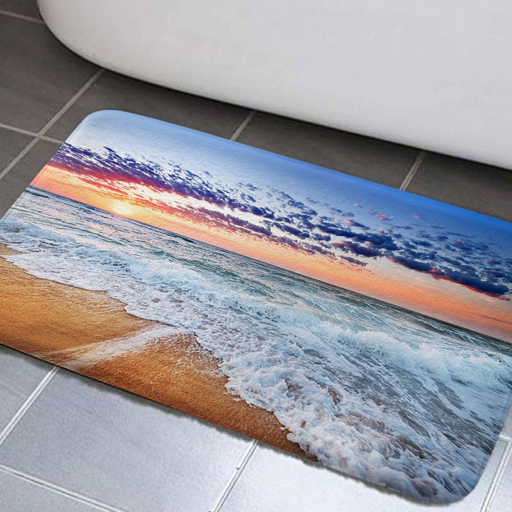 Ocean Bathroom Rugs, Sand Beach Waves Sunrise Lanikai Theme Colorful ...