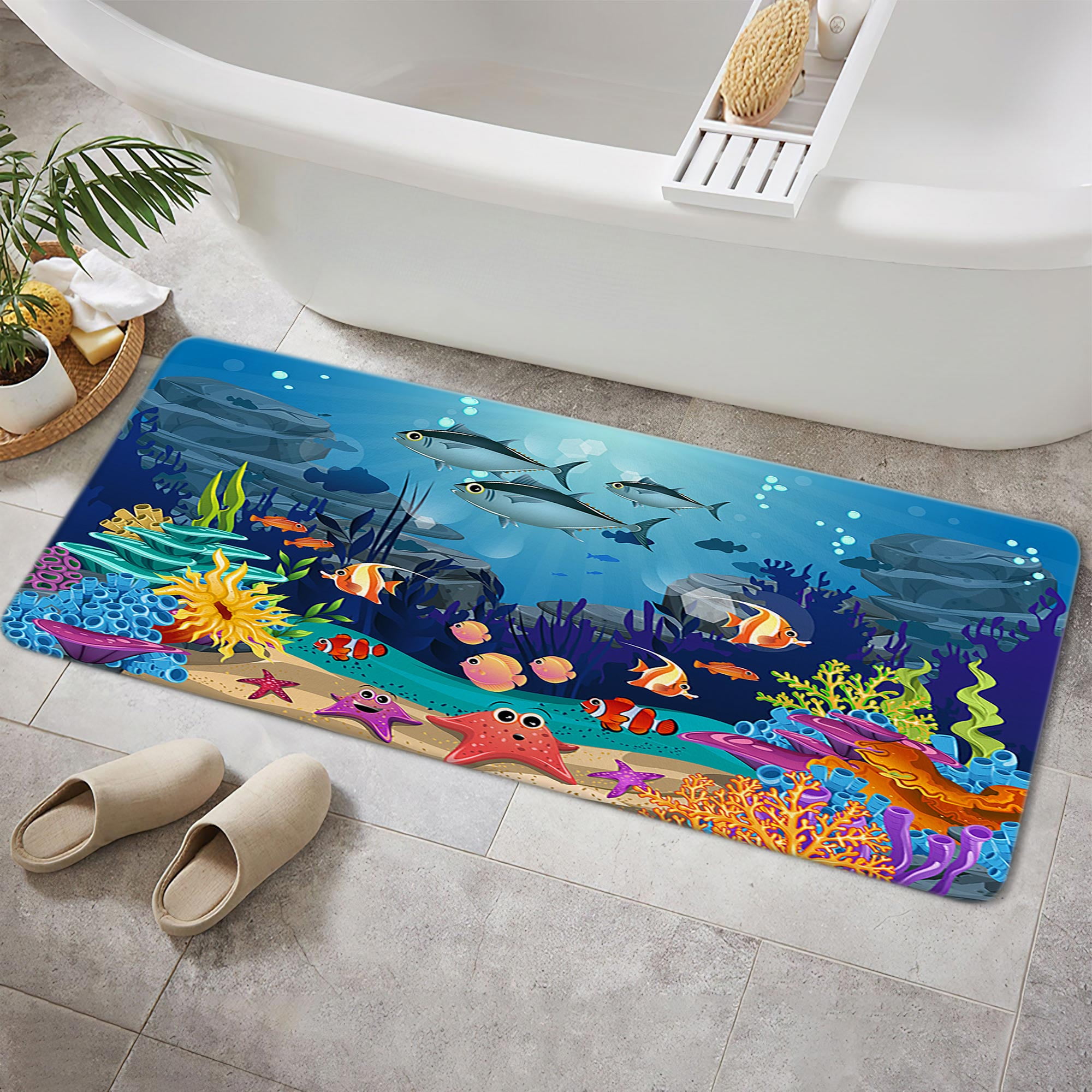 Ocean Bathroom Rugs, Underwater Sea Tropical Fish Bath Mat with Under ...