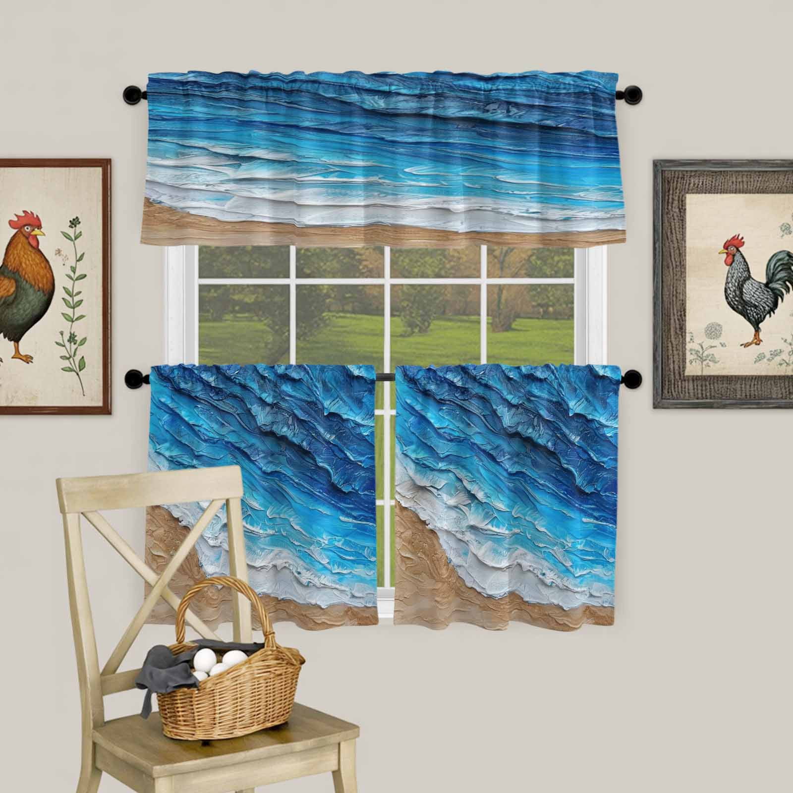 Ocean Beach Abstract Wave Oil Painting Style Curtain Tier and Valance ...