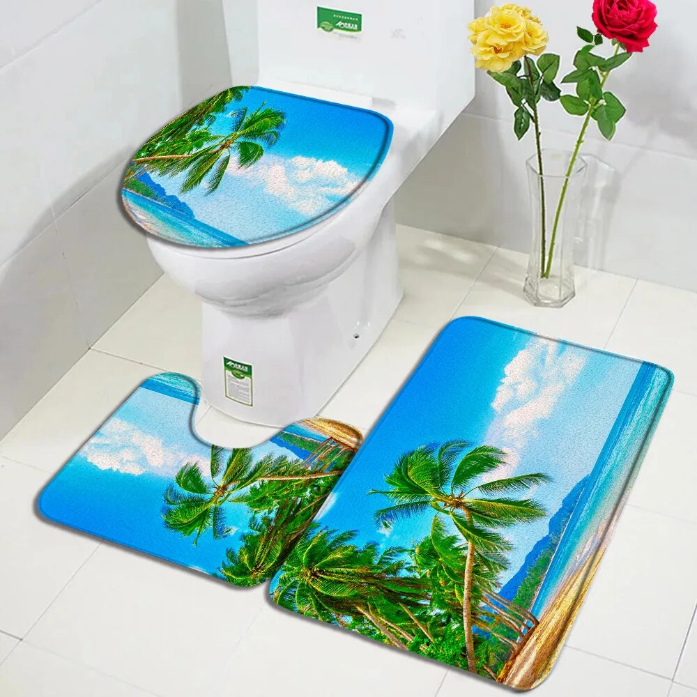 Ocean Beach Bath Mat Set Sea Waves Hawaiian Nature Scenery Home Floor ...