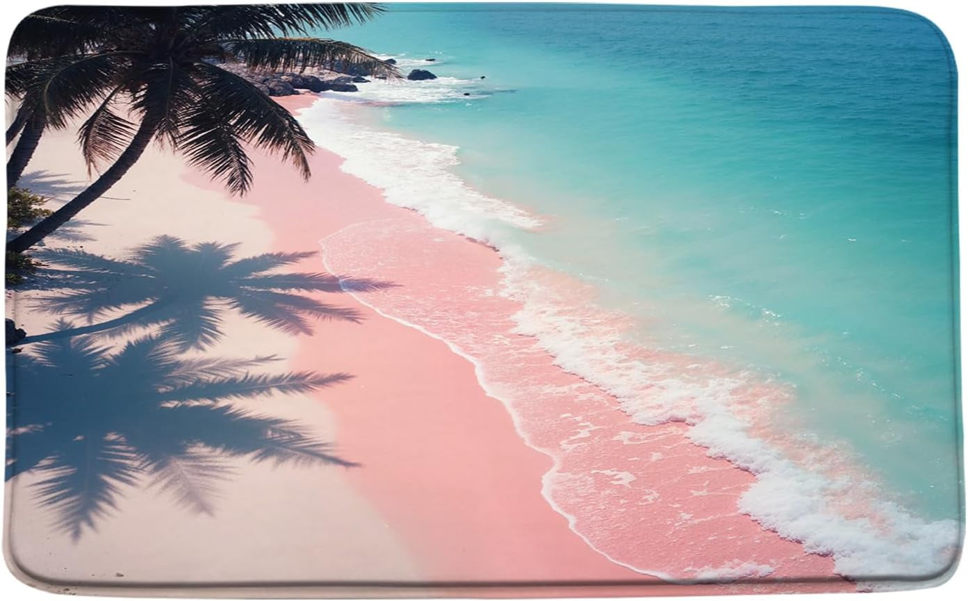 Ocean Beach Bath Mat Tropical Blue Sea Wave Pink Fantasy Seaside Palm ...