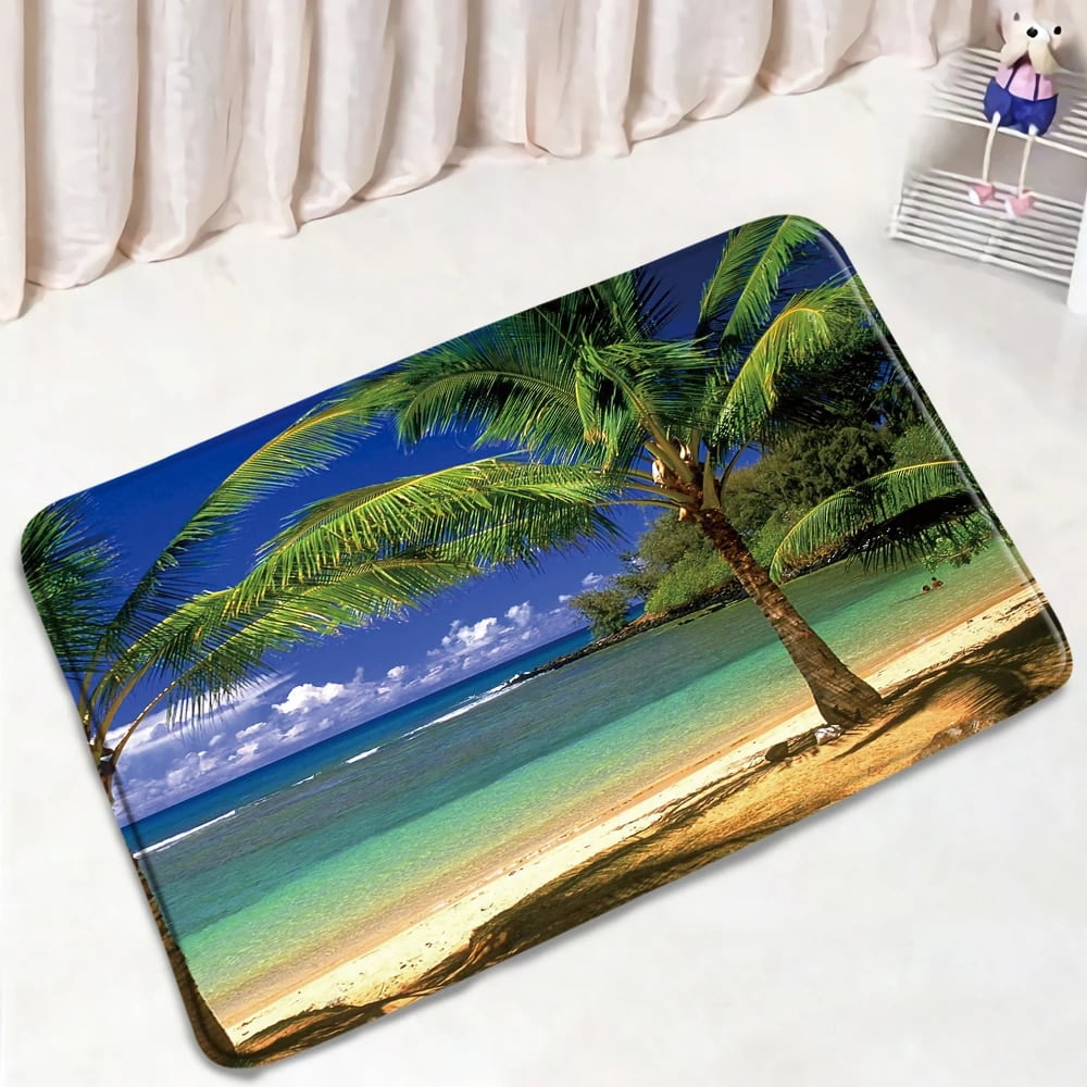 Ocean Beach Bath Mats Set Palm Leaves Bridge Boat Bird Hawaii Nature ...
