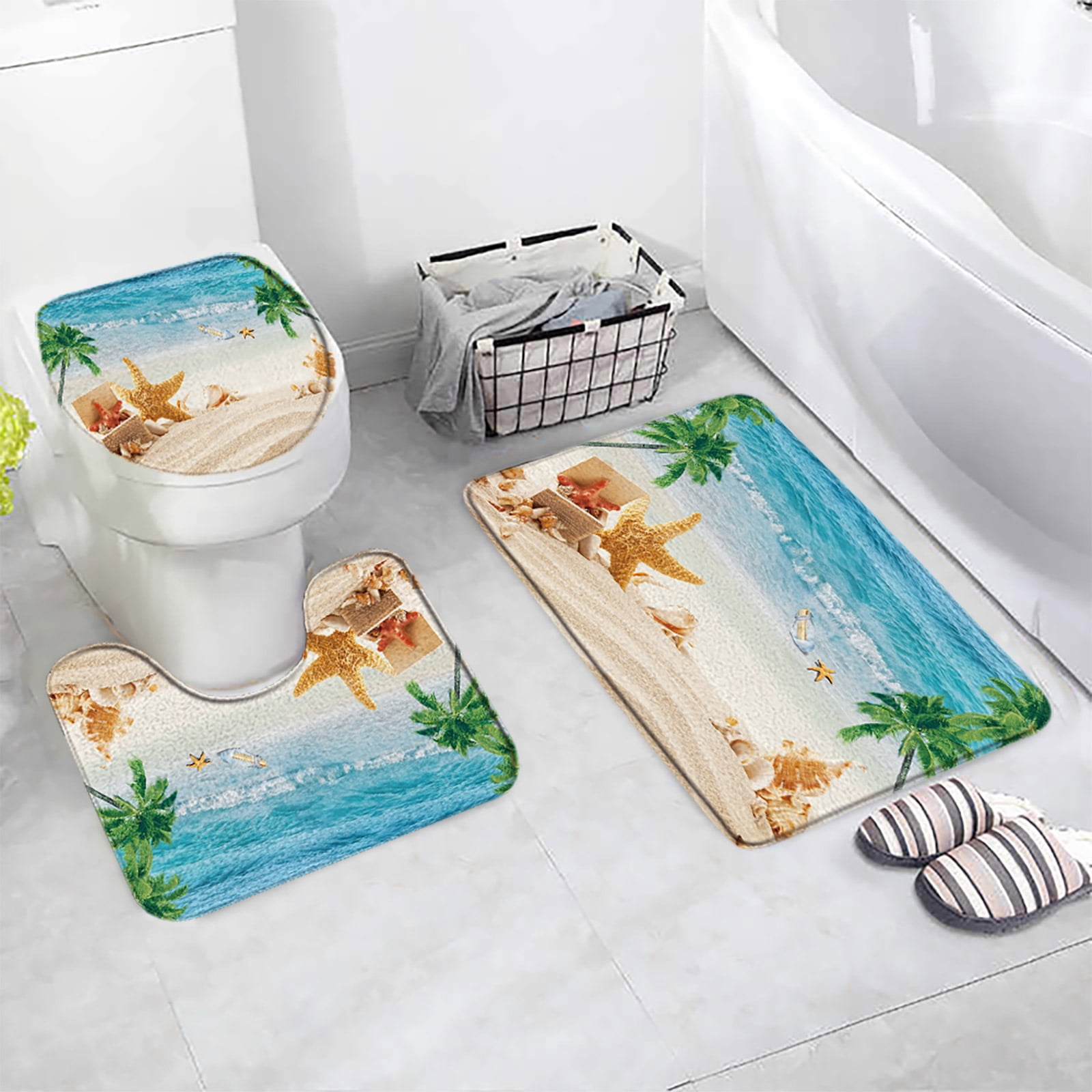 Ocean Beach Bath Mats Set StarConch Palm Trees Dolphin Nature Landscape ...