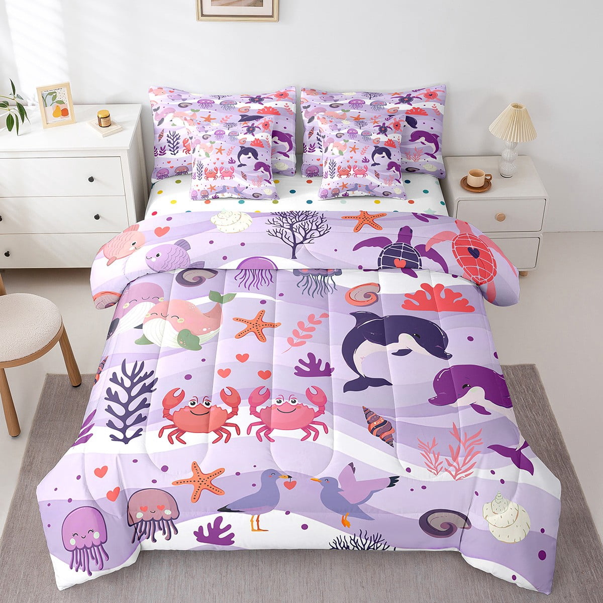 Ocean Beach Bed in a Bag Queen Comforter Set 7 Pcs,Cartoon Marine Life ...
