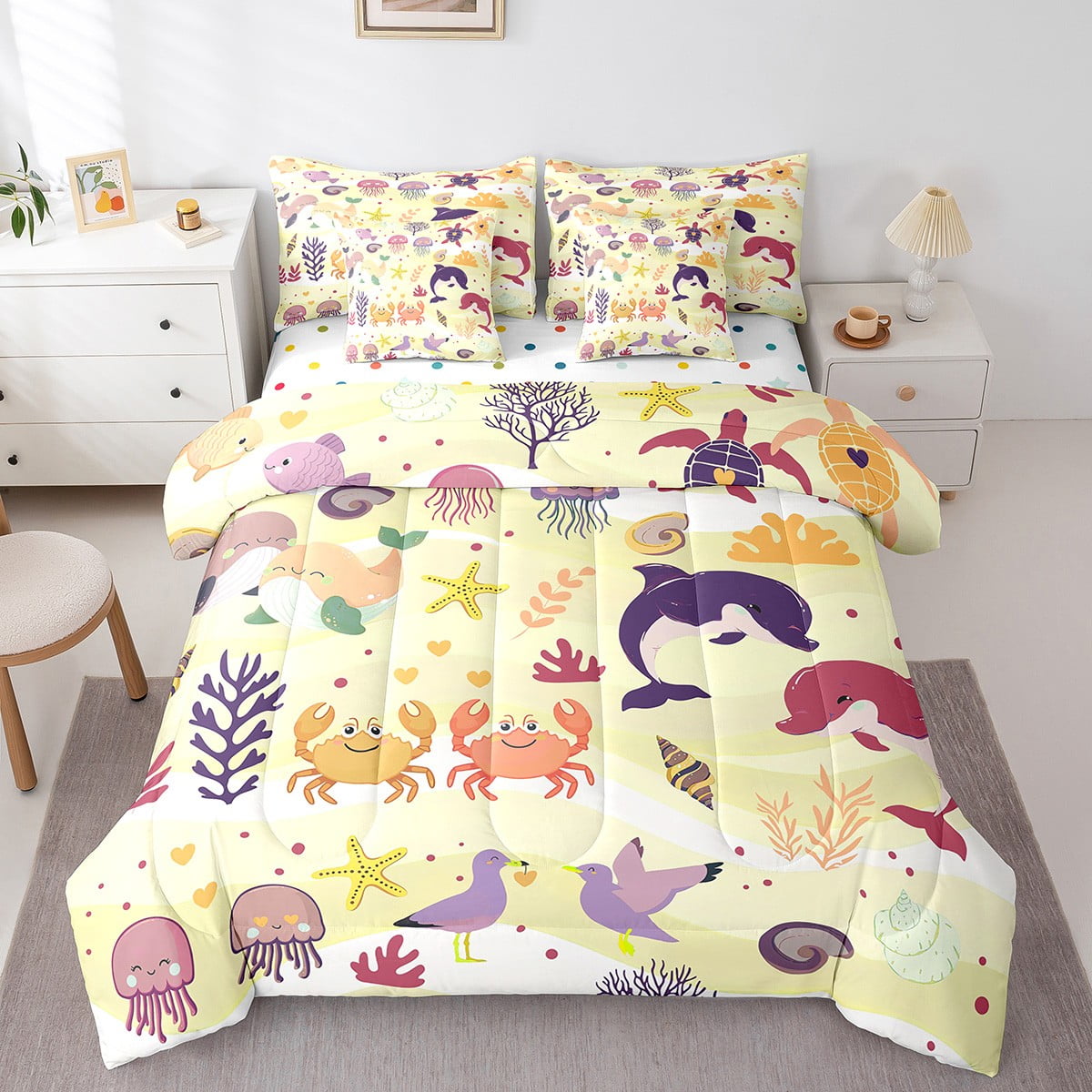 Ocean Beach Bed in a Bag Queen Comforter Set 7 Pcs,Cartoon Sealife Nautical Bedding Sets Turtle ...