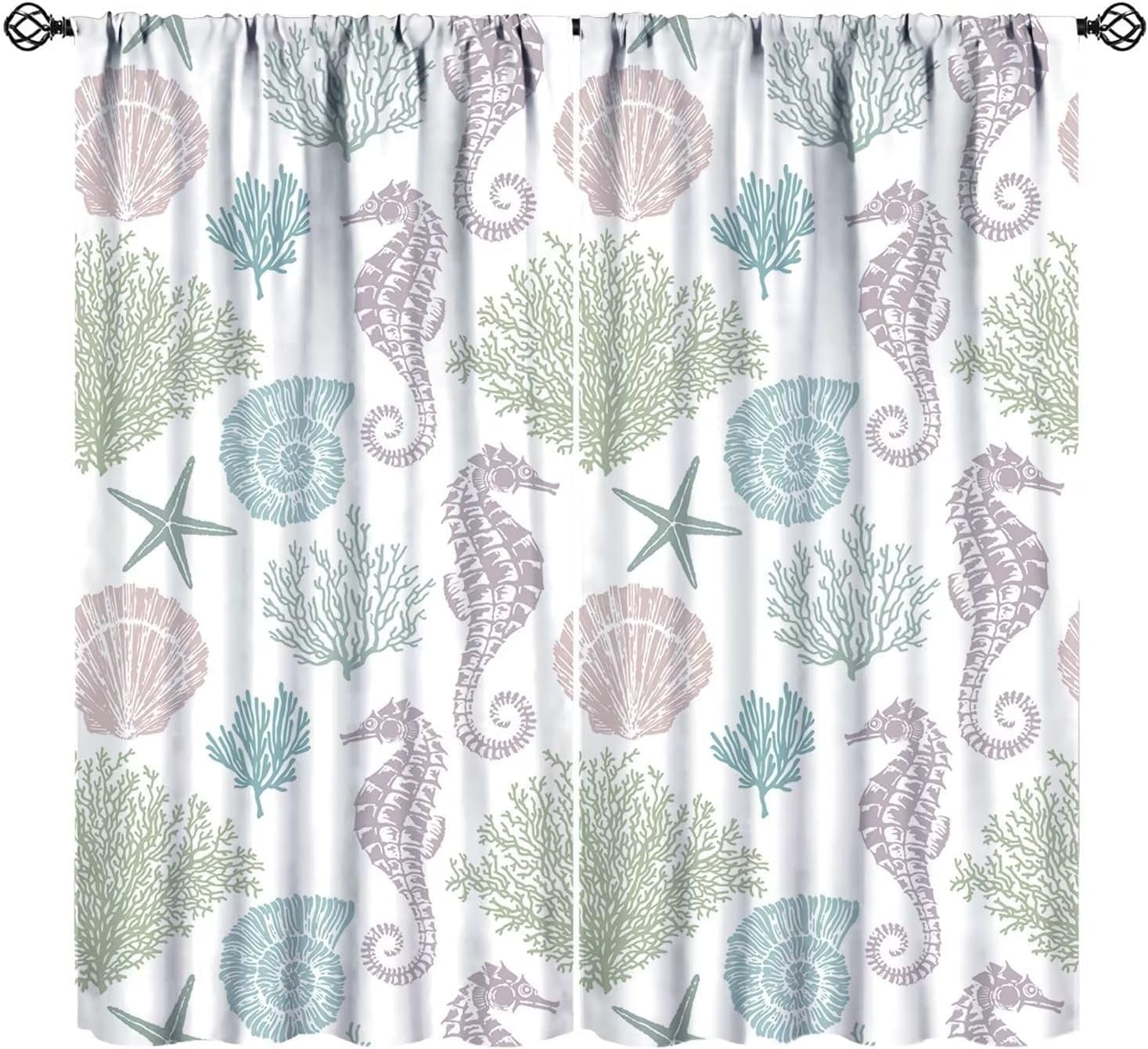 Ocean Beach Bedroom Window Curtain,Ocean Seashell Seahorse Retro Style ...