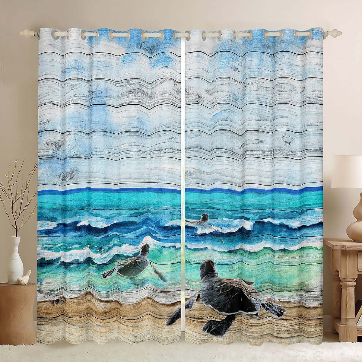 Ocean Beach Blackout Curtains, Sea Turtle Curtains & Drapes 42"Wx63"L ...