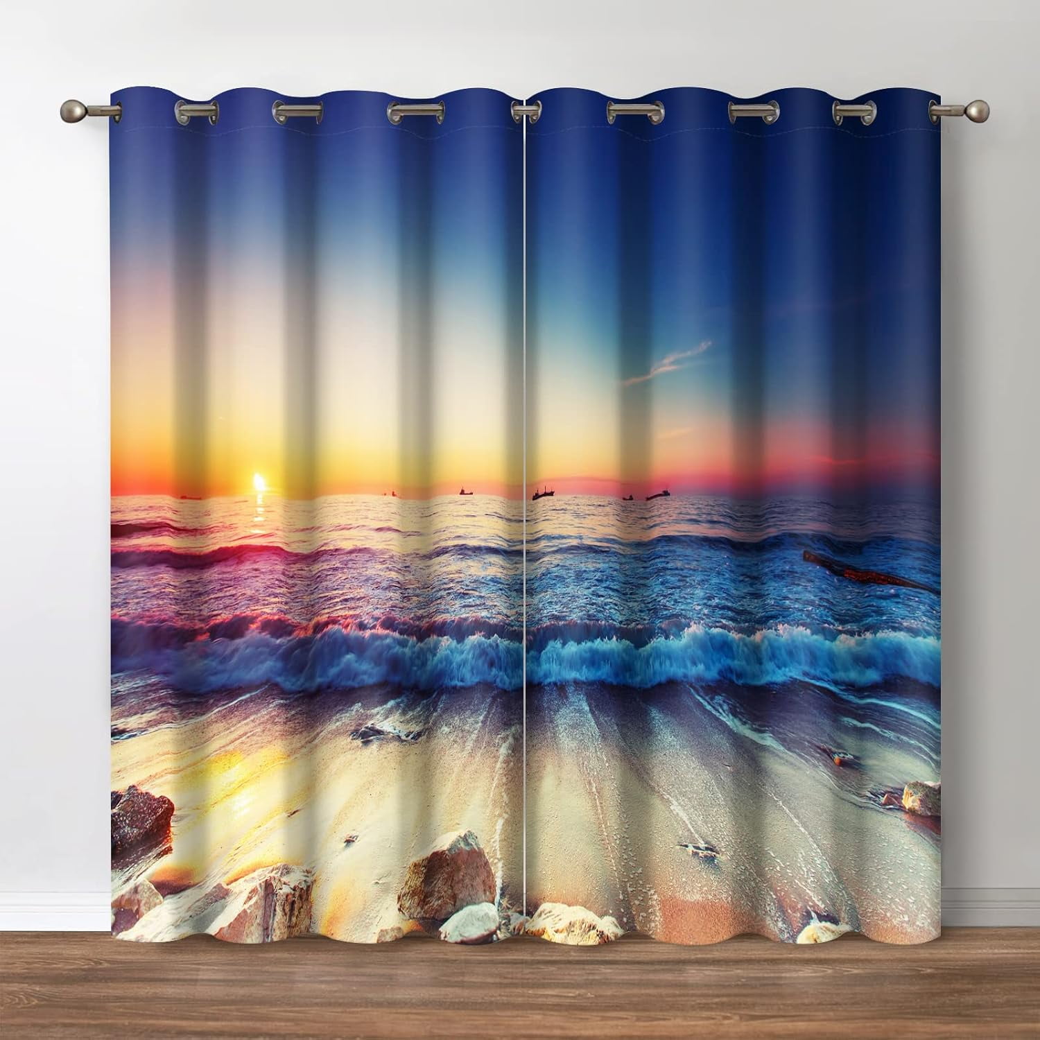 Ocean Beach Blackout Curtains - Seaside Beach Stones Sea Waves at Dusk ...