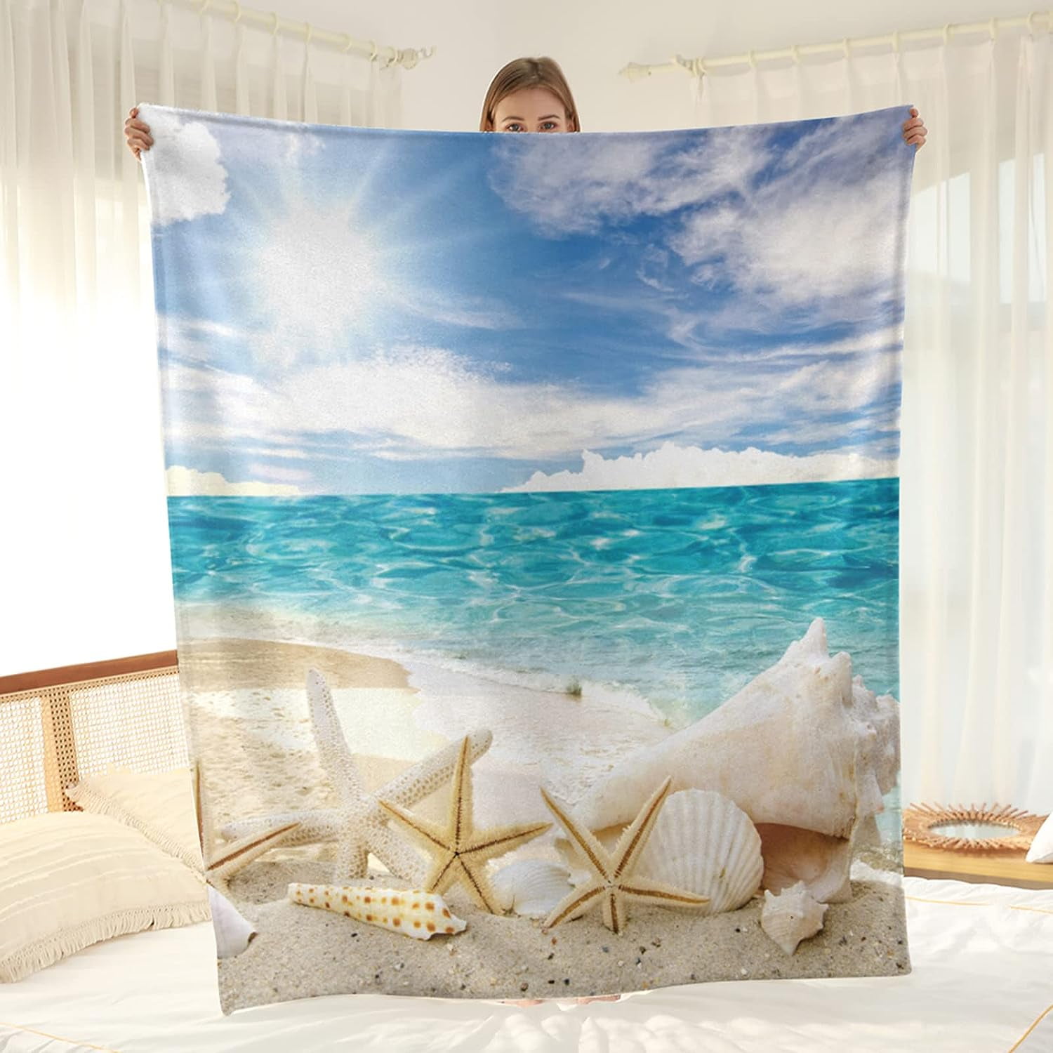 Ocean Beach Blanket Starfish Shell Throw Tropical Summer Blue Sky Decor ...