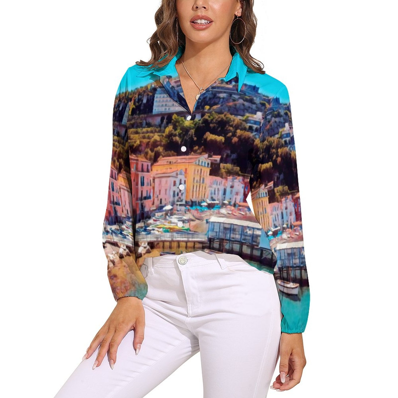 Ocean Beach Blouse Long Sleeve Blue Whale Retro Blouses Women Casual ...