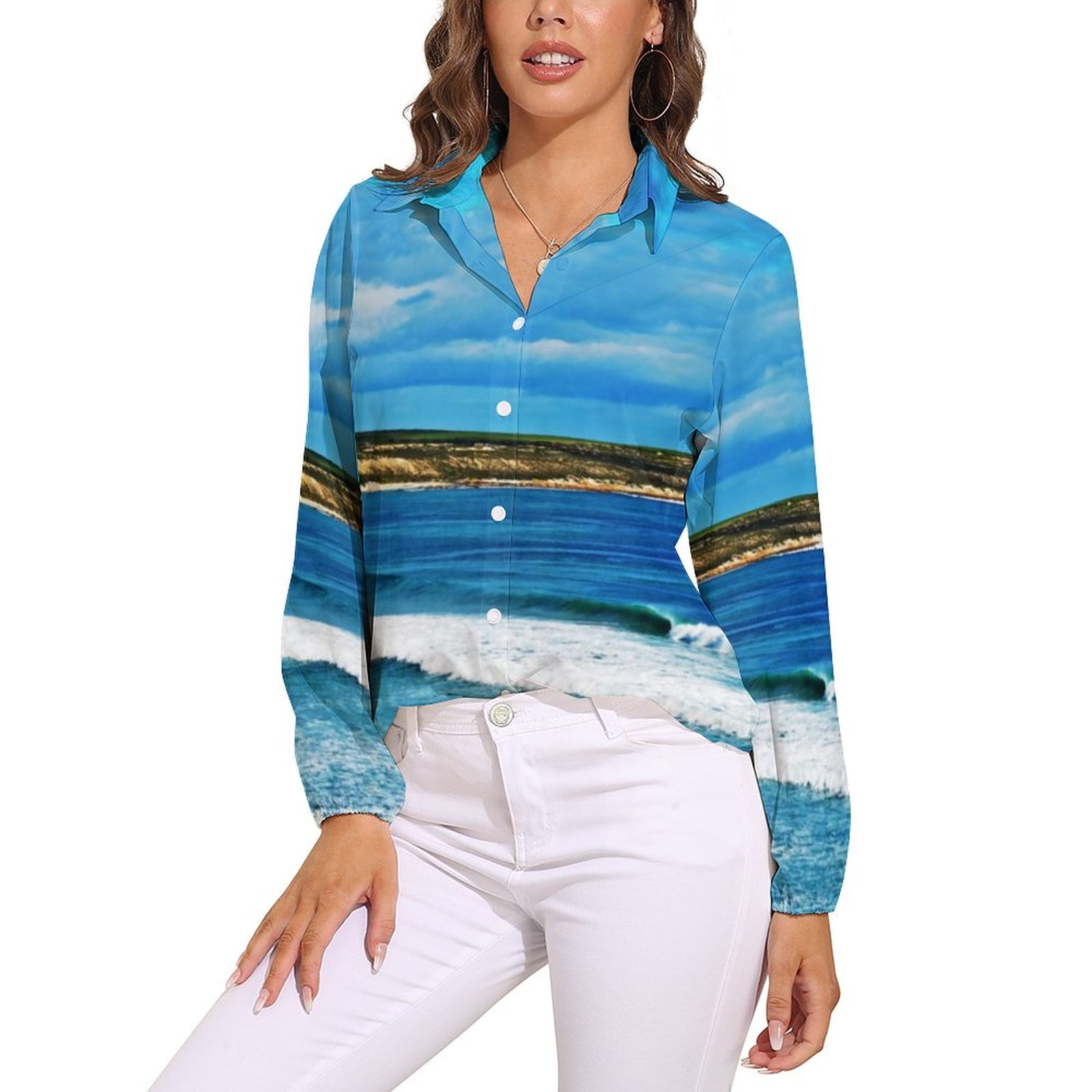 Ocean Beach Blouse Long Sleeve Blue Whale Retro Blouses Women Casual ...