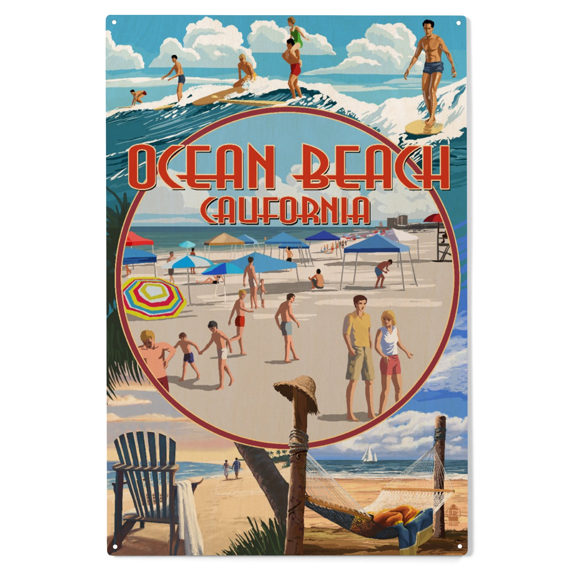 Ocean Beach, California, Beach Montage Birch Wood Wall Sign (10x15 ...