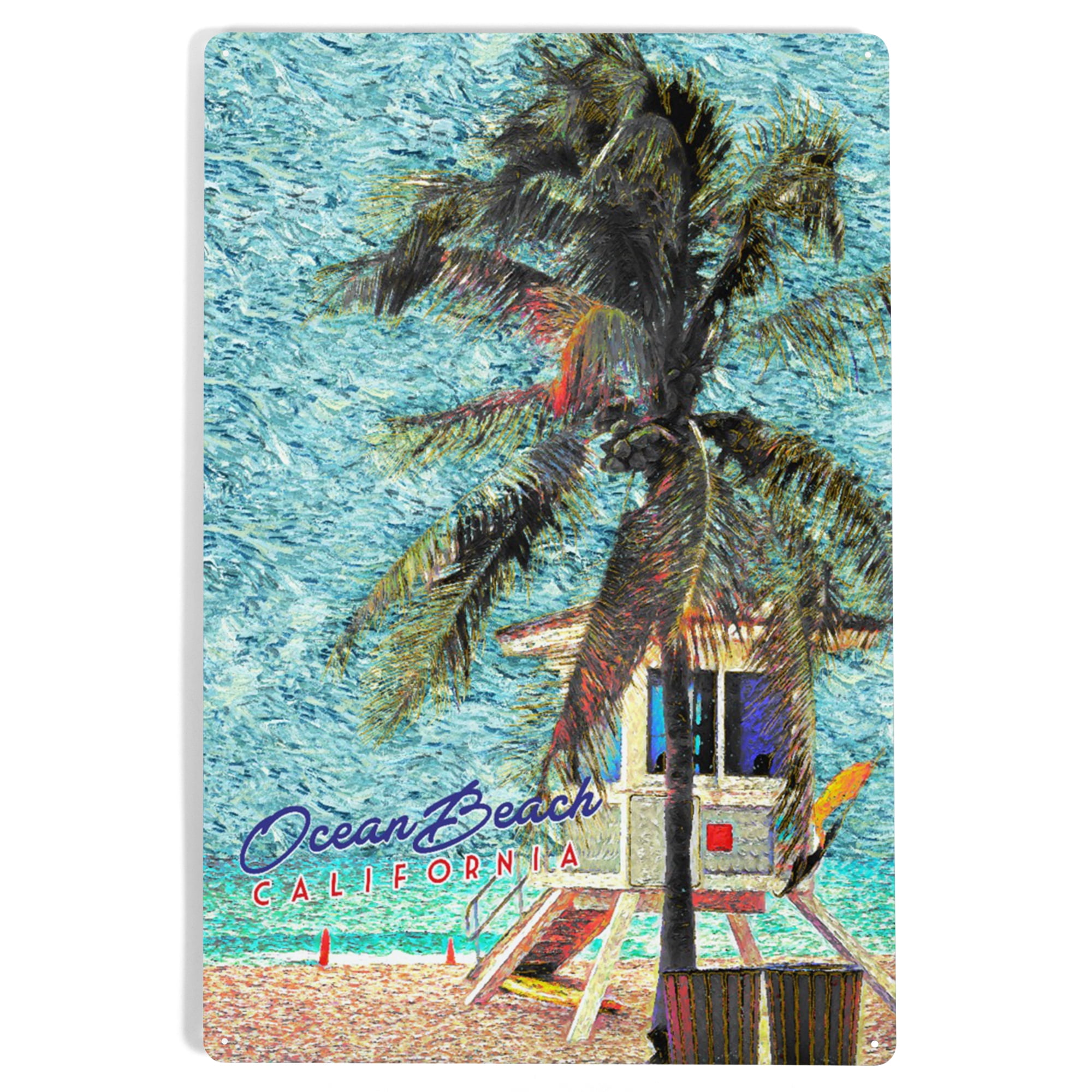 Ocean Beach, California, Beach and Lifeguard Shack, Van Gogh Style ...