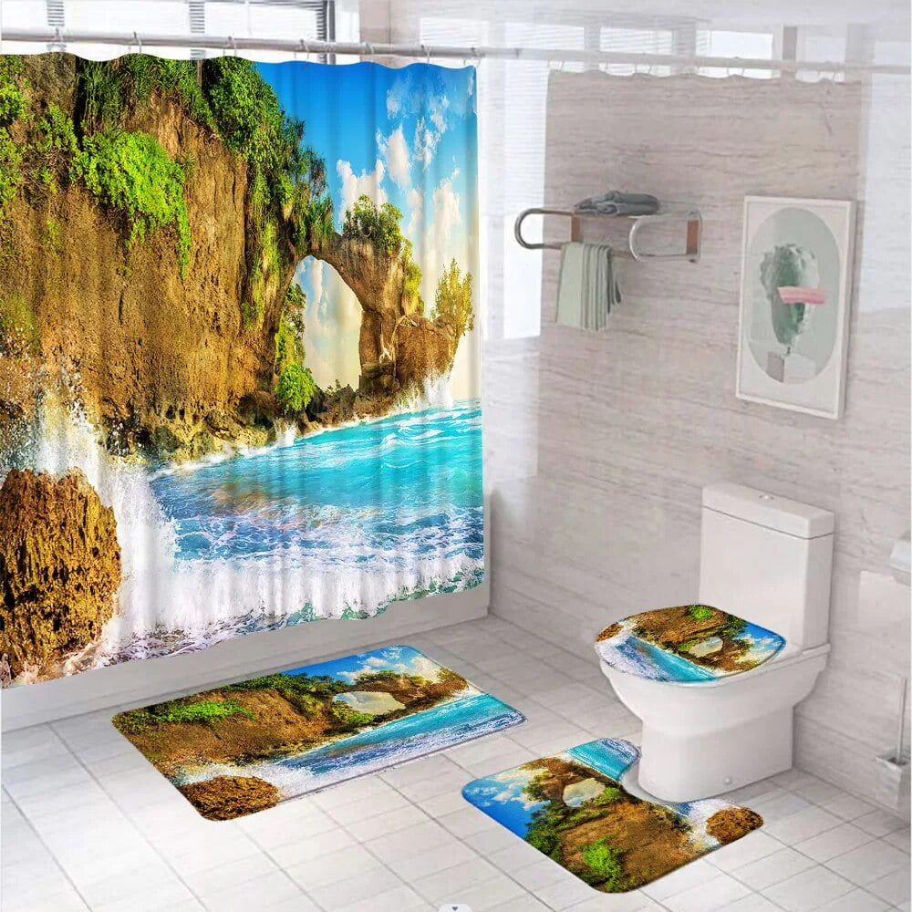 Ocean Beach Coastal Shower Curtain Set Blue Sea Sky Waves Seaside ...