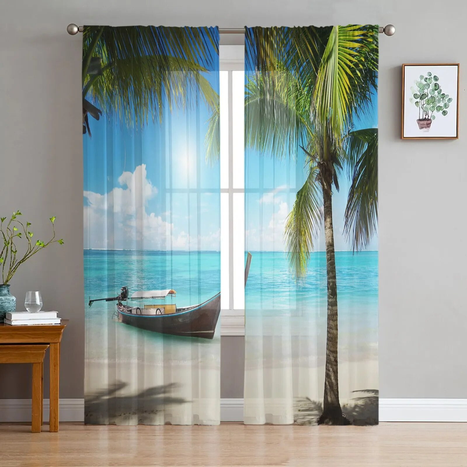 Ocean Beach Coconut Tree Boat Landscape Tulle Sheer Curtains for Living ...