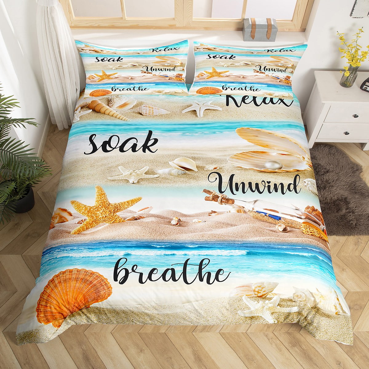 Ocean Beach Comforter Cover & 2 Pillow Cases,Relax Soak Unwind Breathe ...
