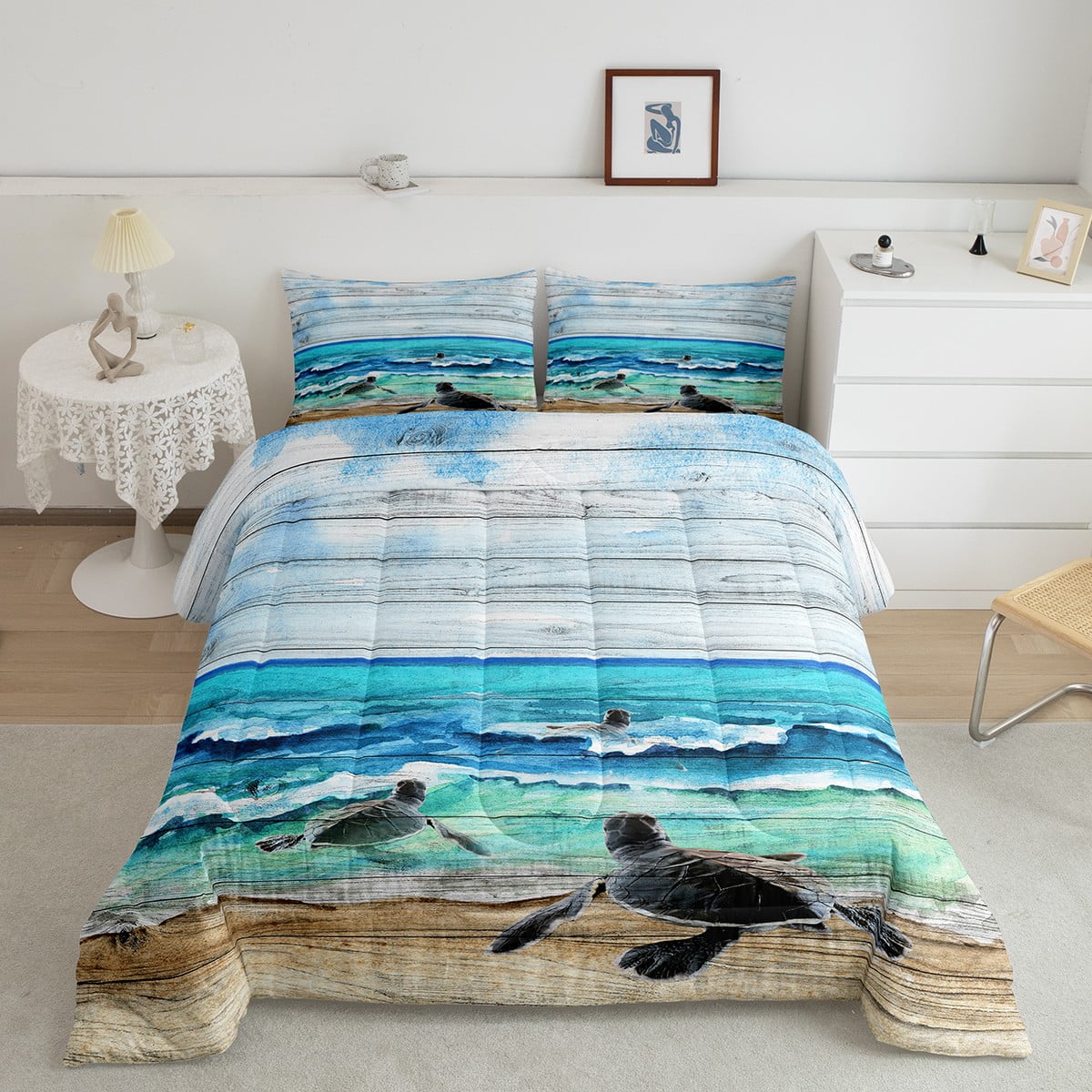 Ocean Beach Comforter Set King Size, Sea Turtle Bedding Set Tortoise ...