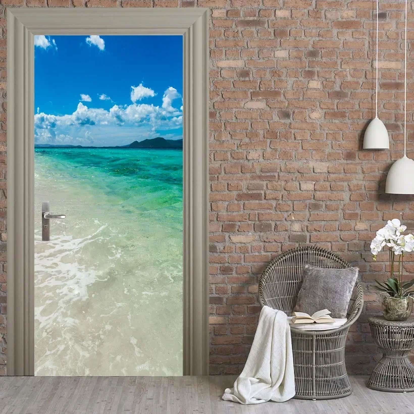 Ocean Beach Door Stickers Shiny Sunshine Blue Sky Mural Decal Sea ...