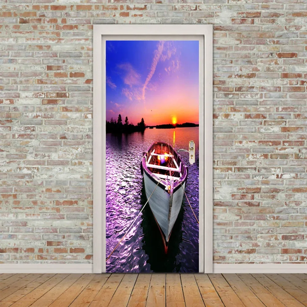 Ocean Beach Door Stickers Shiny Sunshine Blue Sky Mural Decal Sea ...