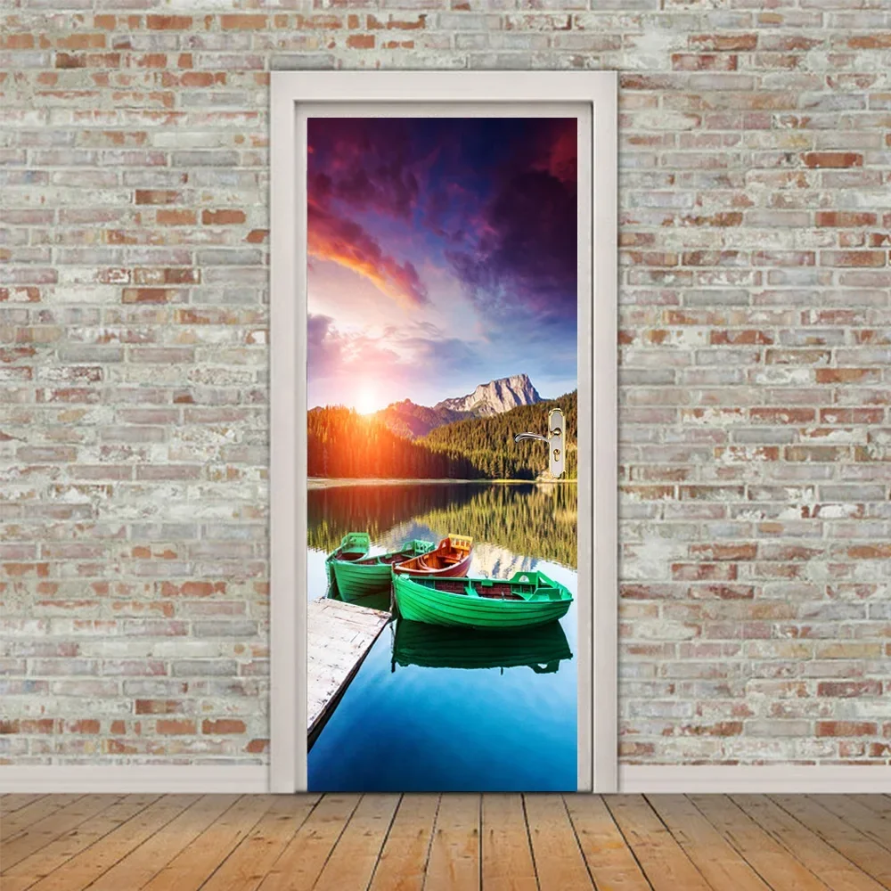 Ocean Beach Door Stickers Shiny Sunshine Blue Sky Mural Decal Sea ...