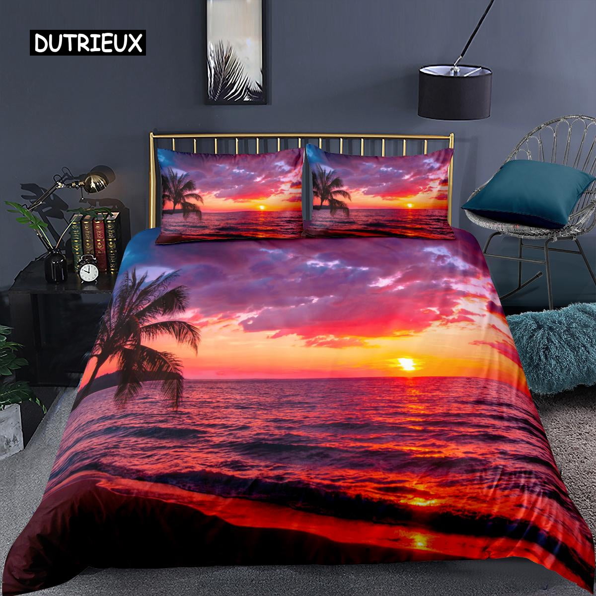 Ocean Beach Duvet Cover Set King Microfiber Tropical Sunset Beach with ...
